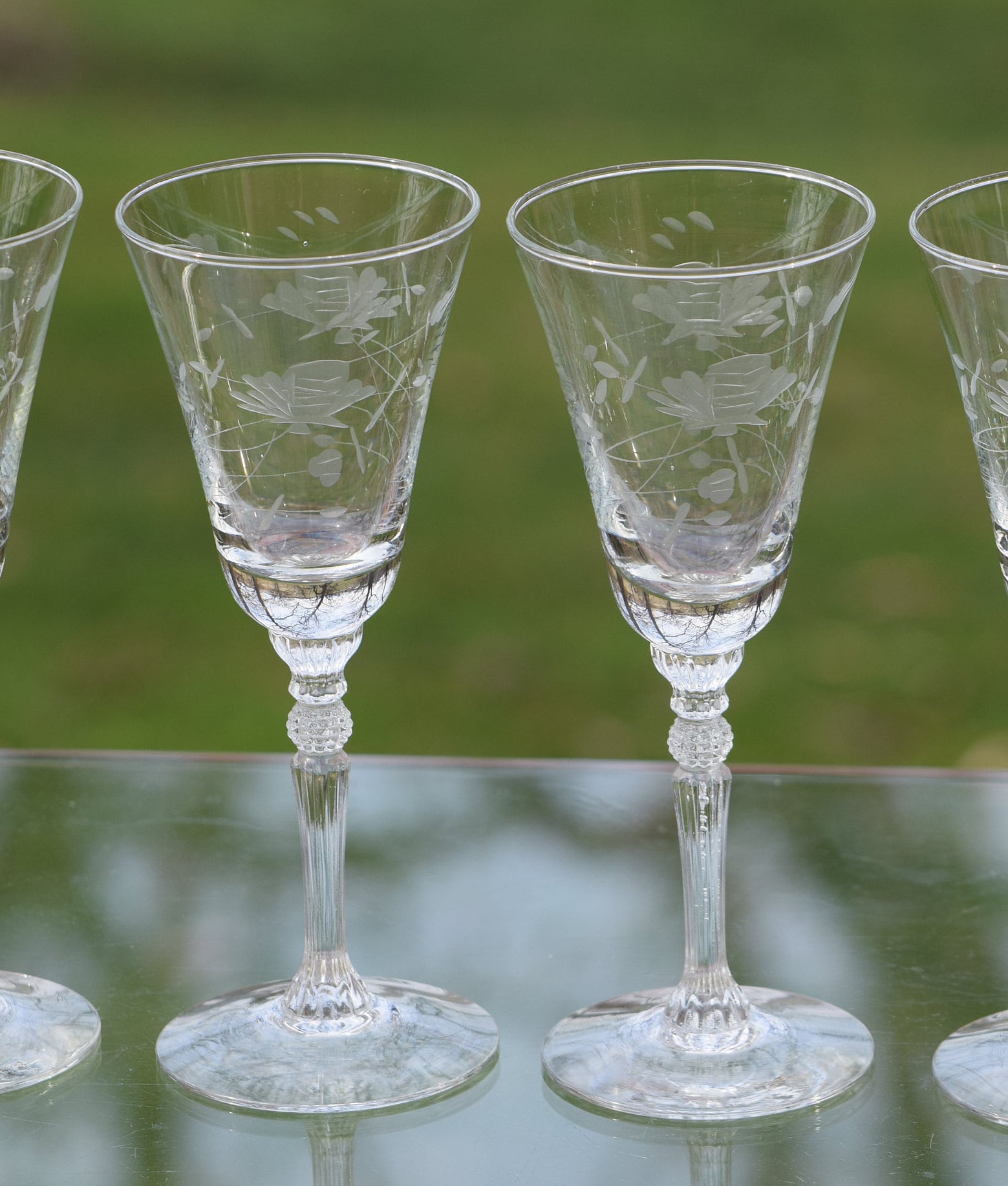 Vintage Etched Tall Wine Glasses Floral Etched Optic Glass Set Of 4