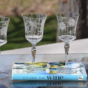 6 Vintage Etched Wine Glasses, Set of 6 Mis-matched Etched Wine Glasses ...