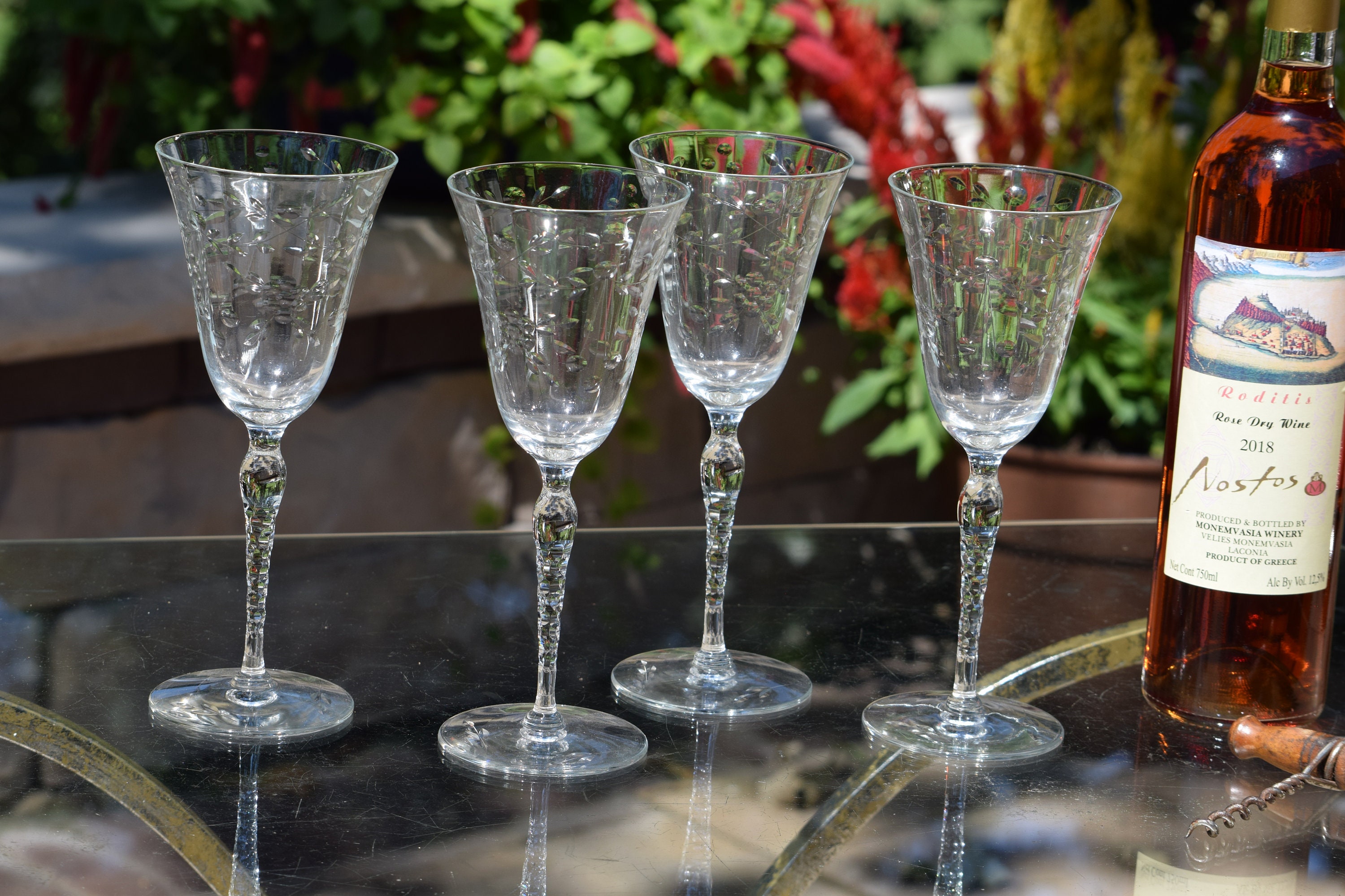 5 Vintage Etched Tall Wine Glasses ~ Water Goblets Faceted Stem Etched