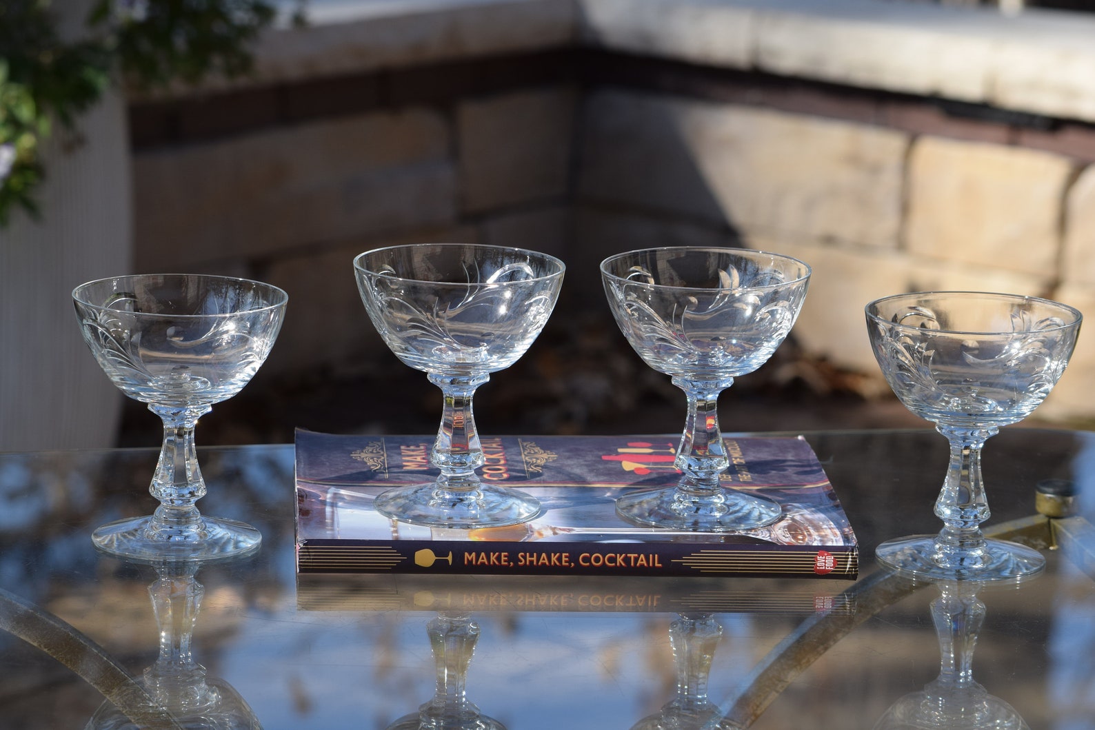 4 Vintage Etched Crystal Cocktail Glasses, Seneca, 1950's, Nick & Nora ...