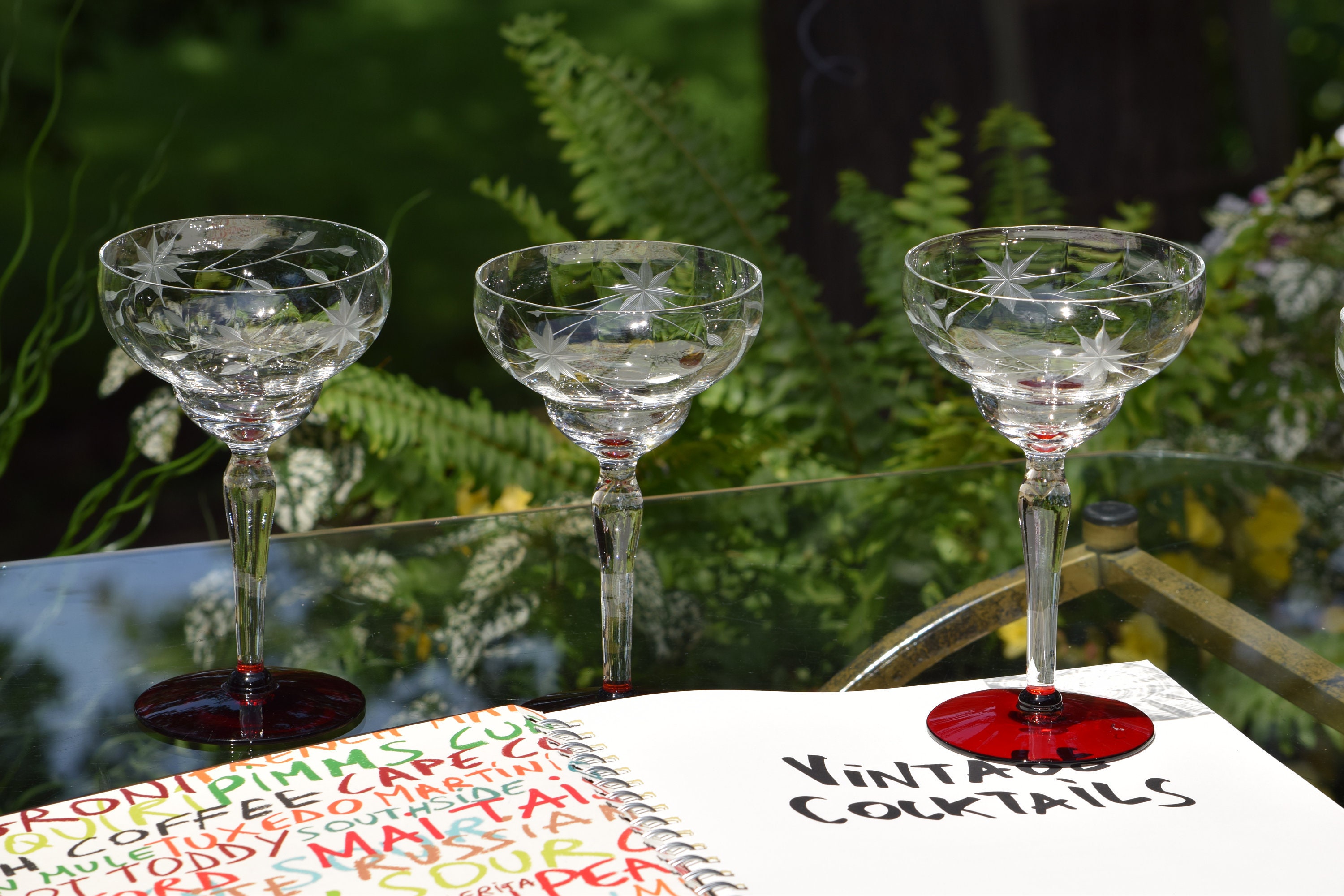 Vintage Etched RED Cocktail Glasses, Set of 6, 1950's, Vintage Etched ...