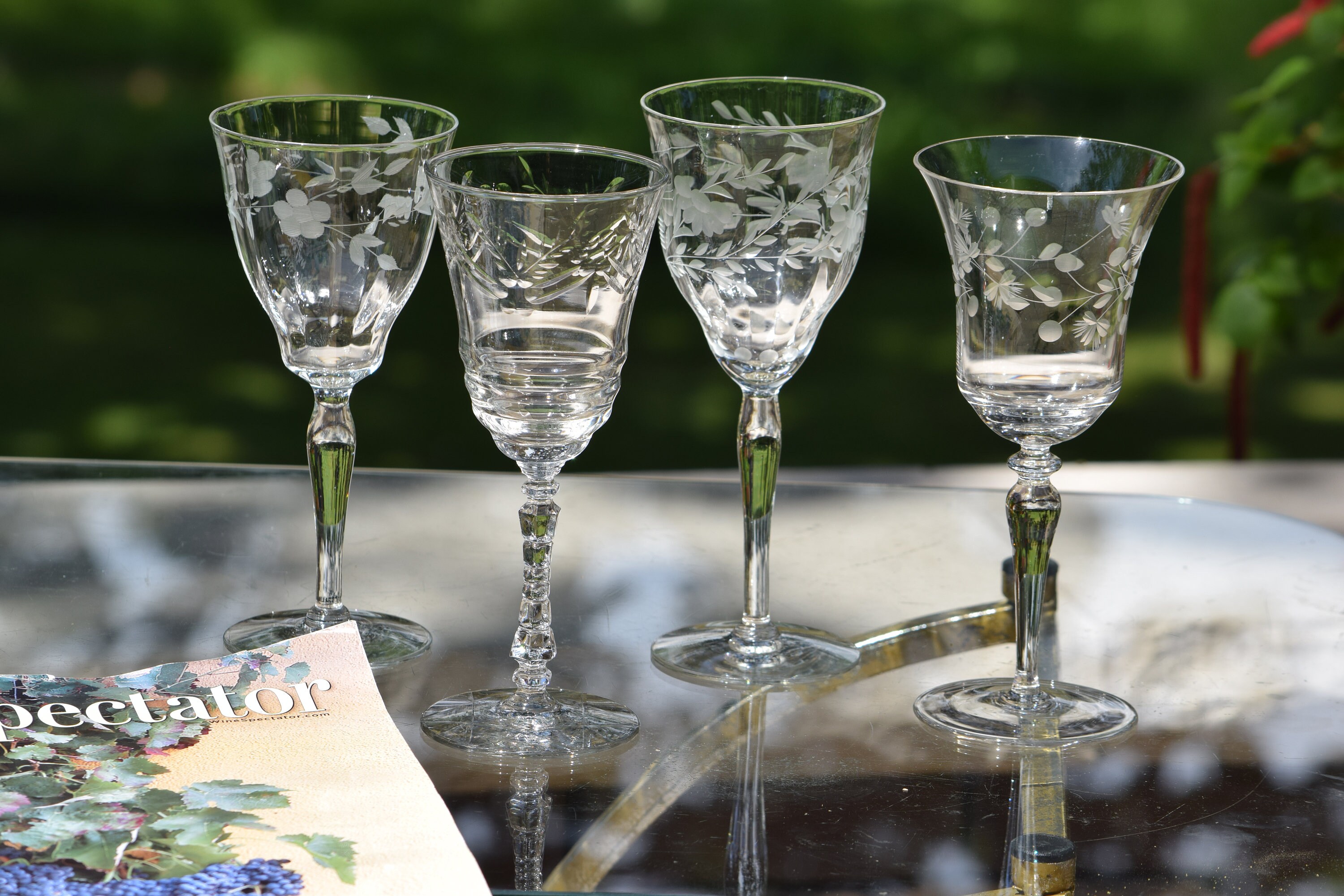 4 Vintage Etched Wine Glasses Set Of 4 Mis Matched Etched Wine Glasses