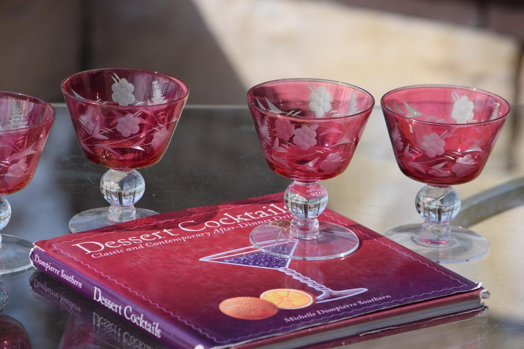 American Made! 5 Vintage Etched Ruby Red Liqueur - Port Wine Glasses ...