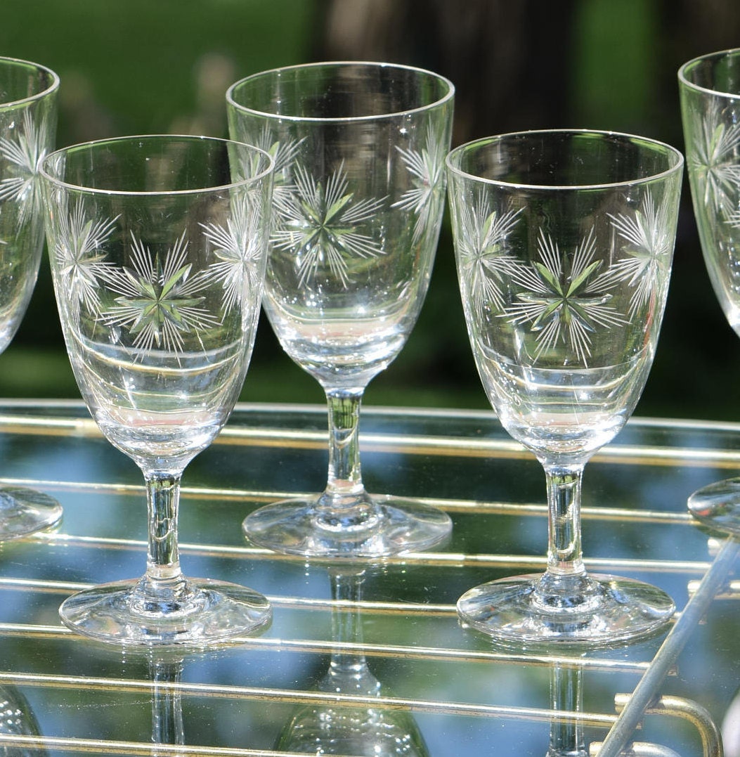 Vintage Etched Starburst Pitcher with matching Wine Glasses, 1930's ...