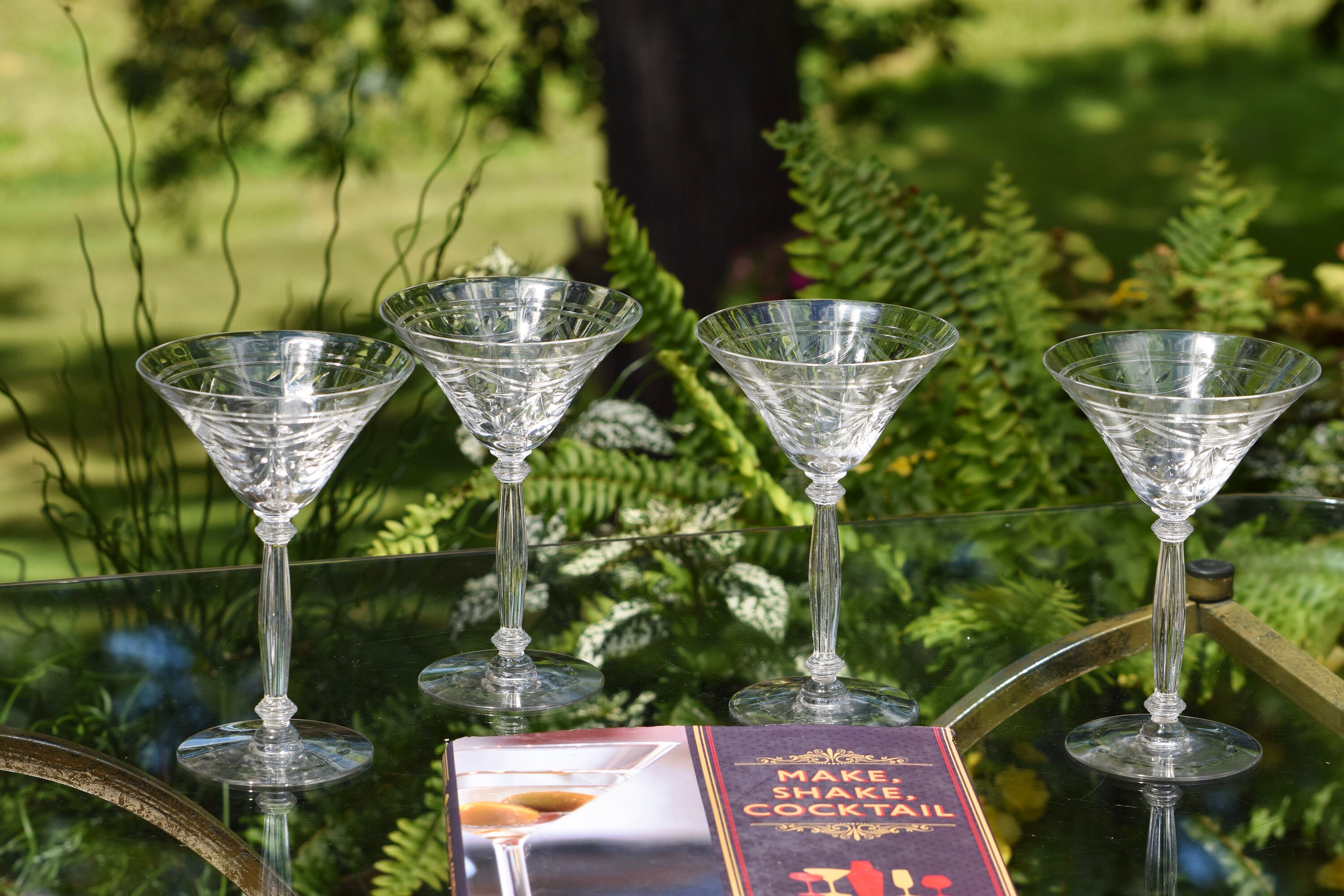 Reserved For Precious Sold Vintage Etched Art Deco Cocktail Martini Set Of 4 Tiffin