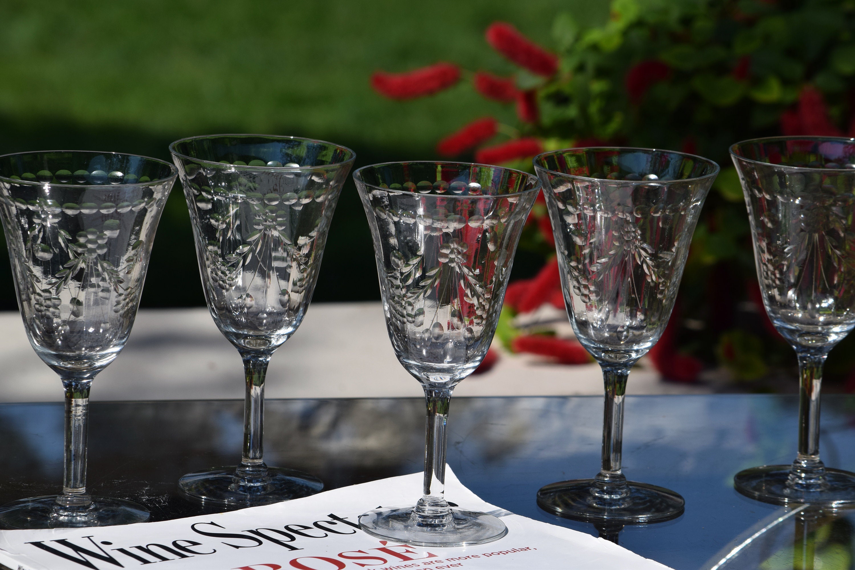 6 Vintage Etched Wine Glasses, 1950's, Vintage Water Goblets, Vintage ...