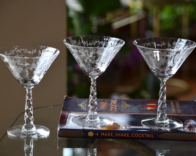 MARTINI TIME! 3 Vintage Etched Cocktail Martini Glasses, Fostoria ...