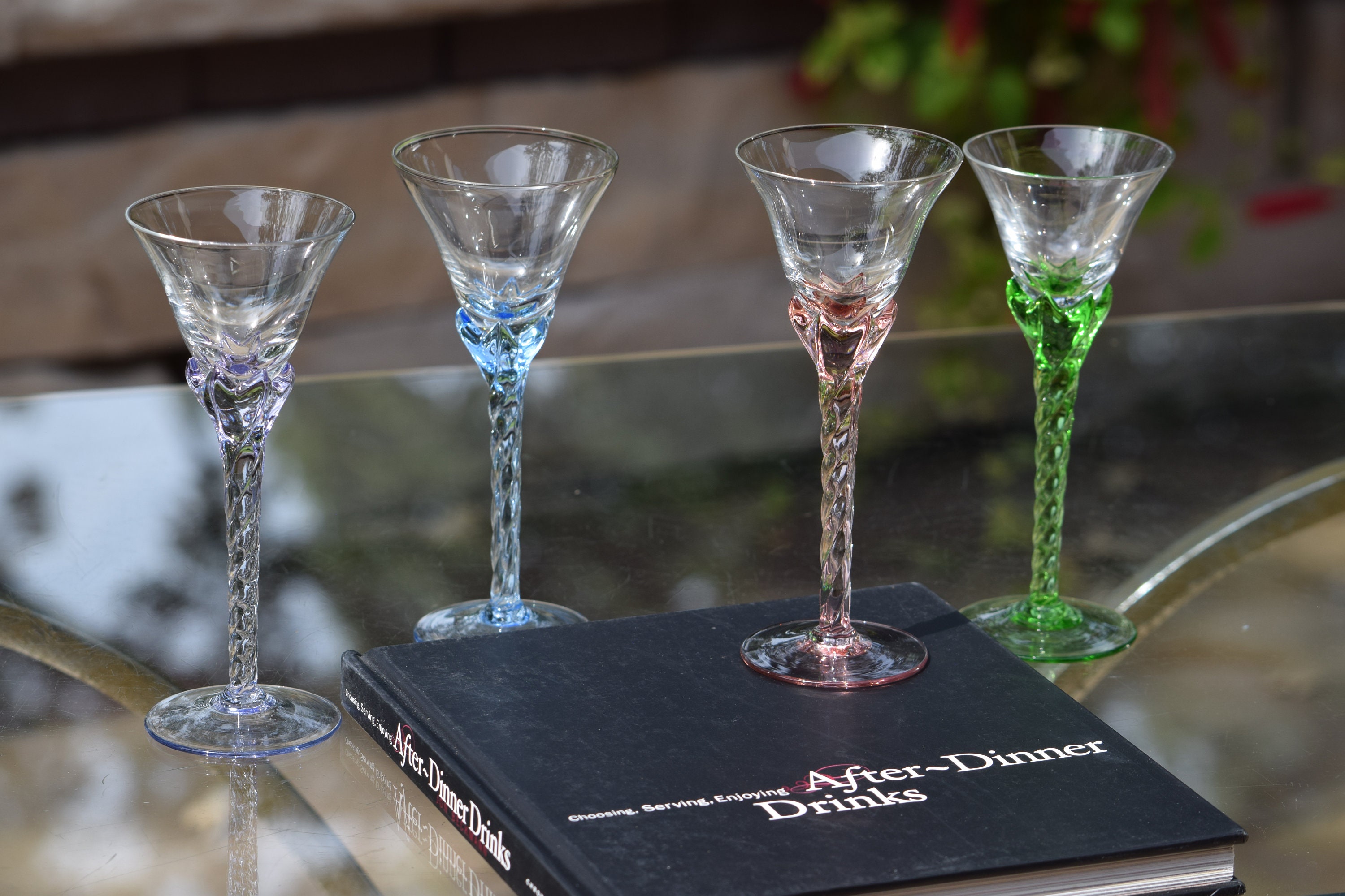 4 Vintage Multi Colored Twisted Stem Liqueur Wine Cordials Glasses 2