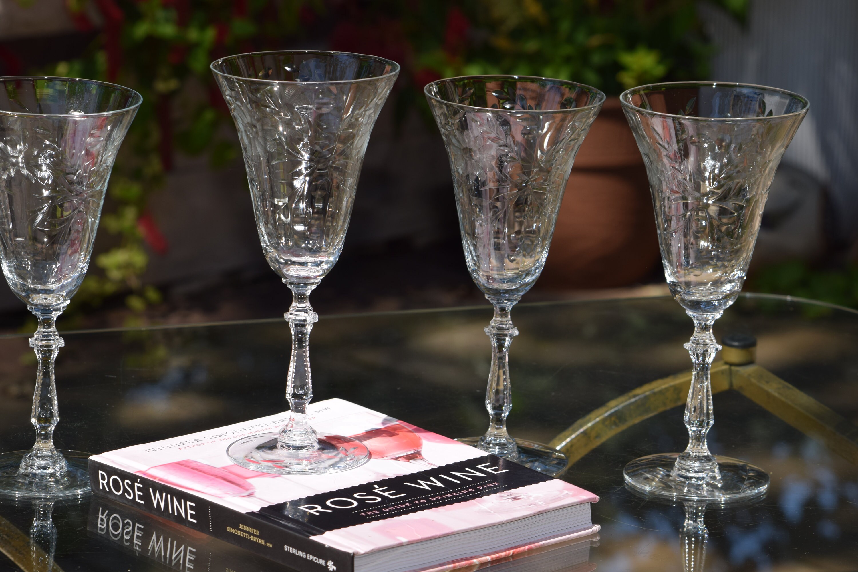 Sold Reserved 4 Vintage Etched Wine Glasses Glastonbury Lotus Circa 1930s Tall Etched