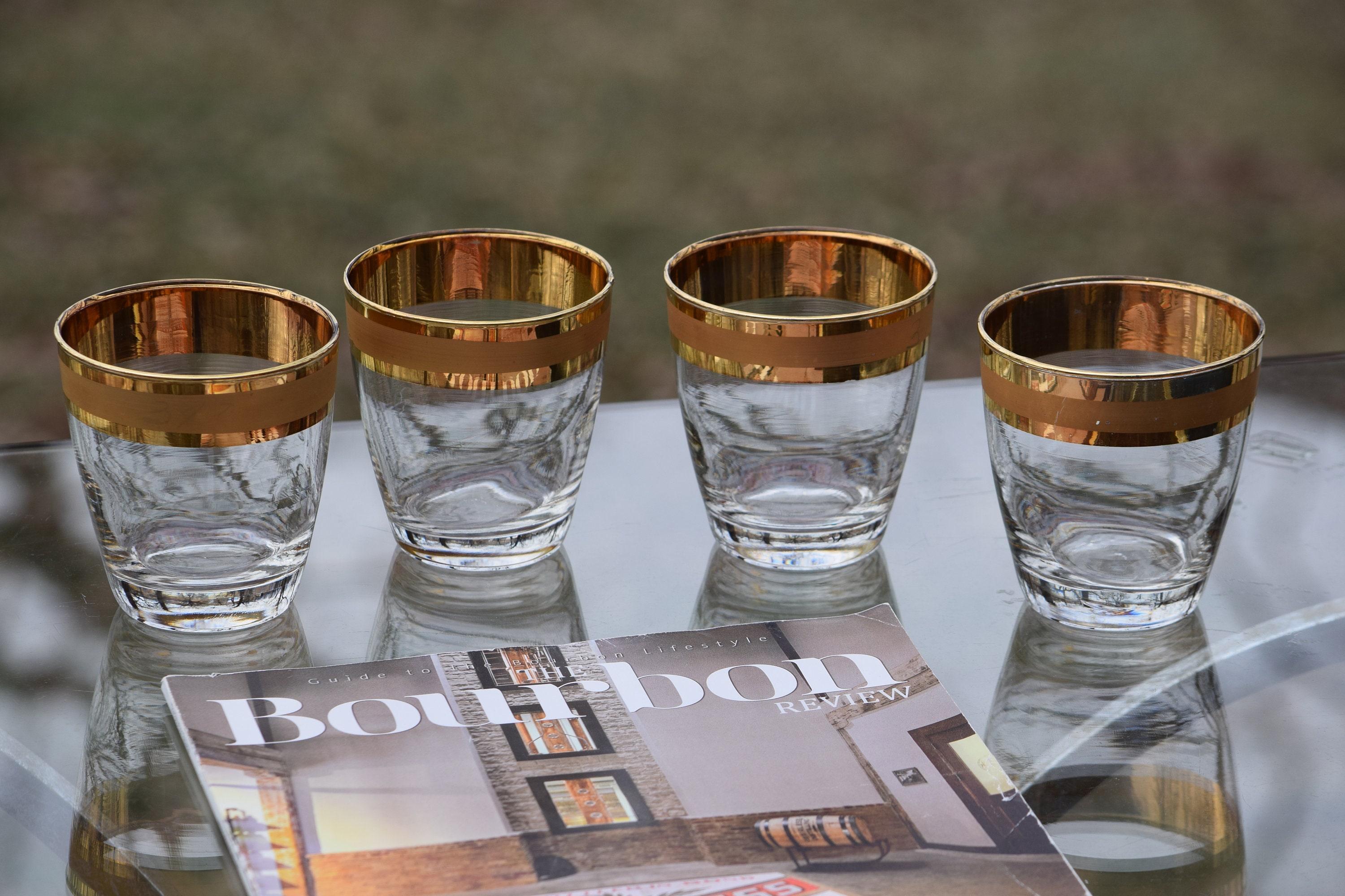Vintage Gold Banded Rocks Glasses Set Of 5 Vintage Lowball Glasses