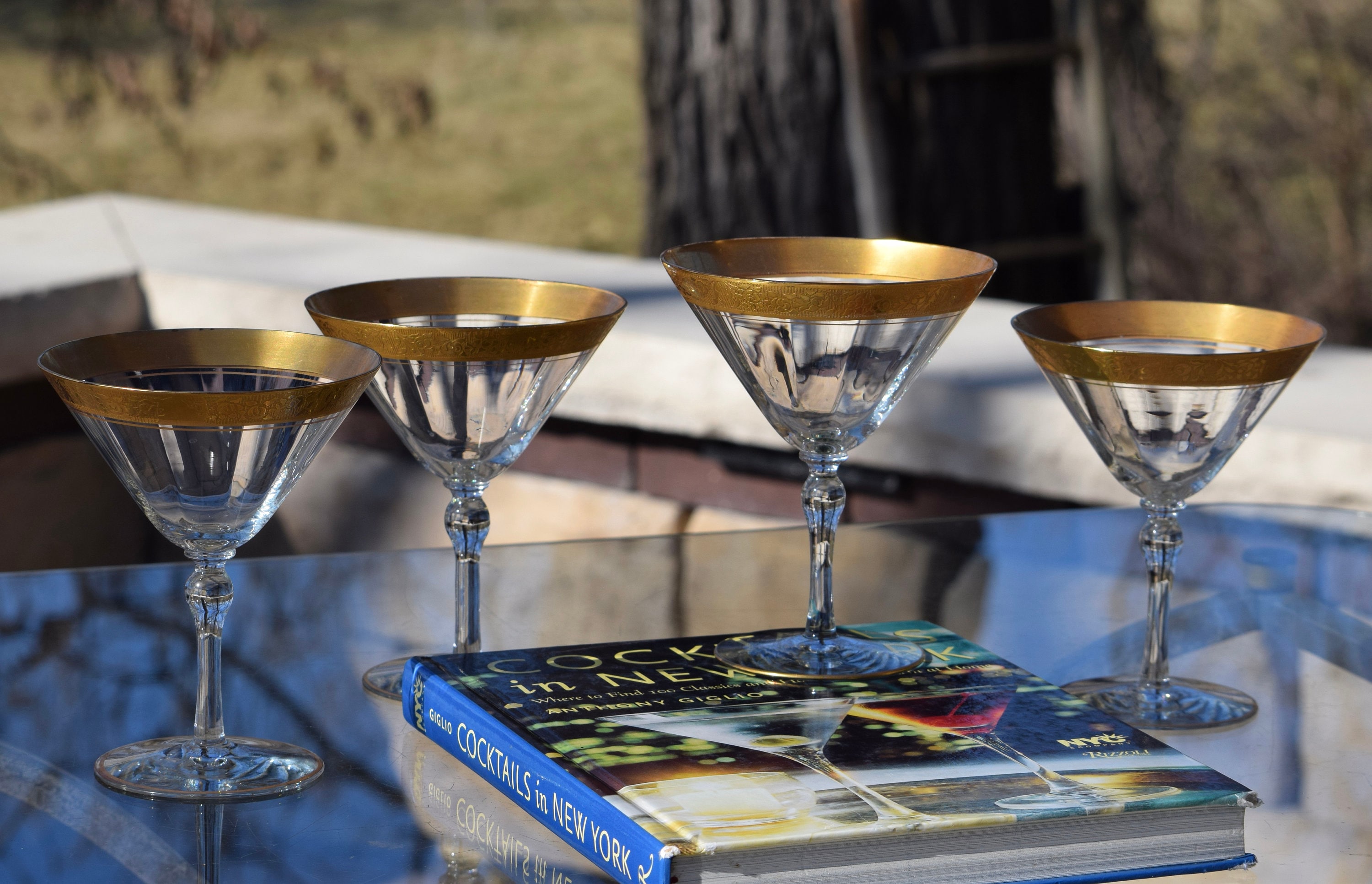 4 Vintage Gold Encrusted Cocktail - Martini Glasses, Glastonbury Lotus ...