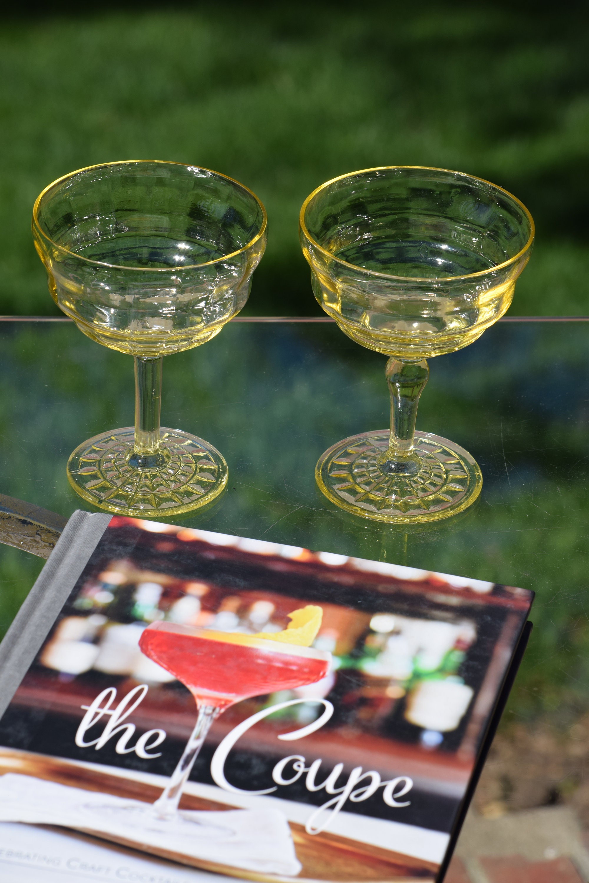 4 Vintage Yellow Etched ~ Optic Cocktail ~ Martini Glasses, Mixologist ...