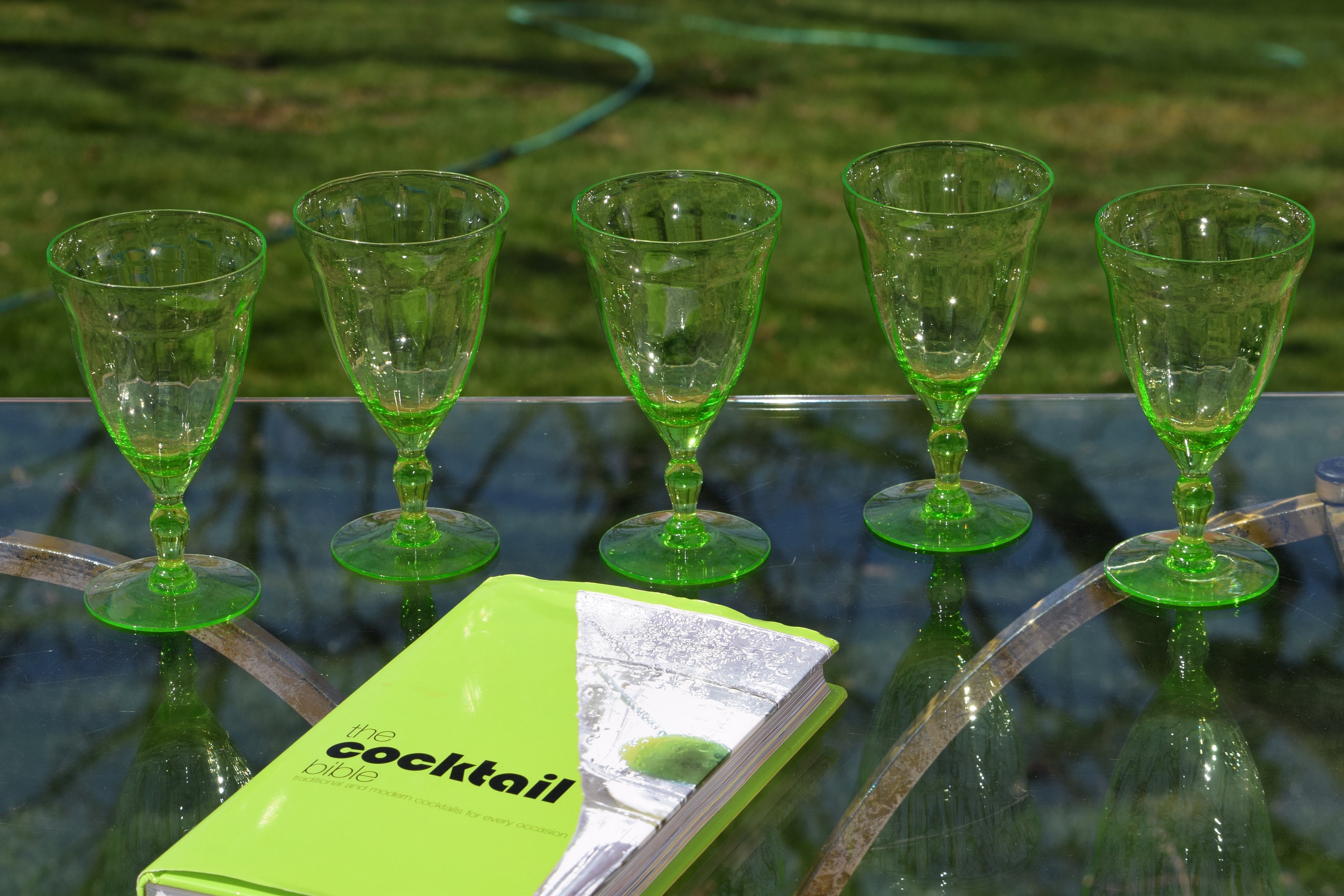 Vintage Green Vaseline Depression Glass Wine Glasses Set Of 5 Green Vaseline Wine Glasses