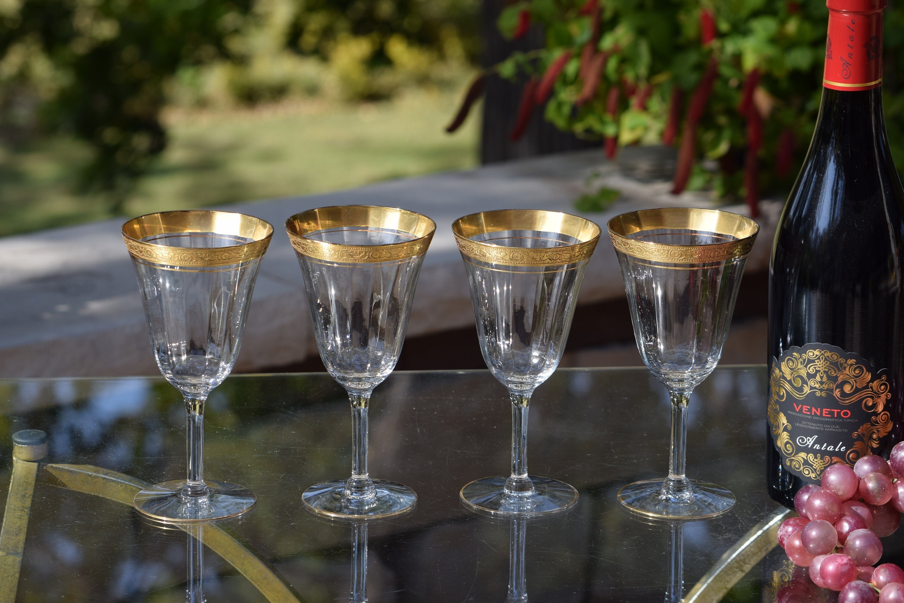 4 Vintage Gold Rimmed Encrusted Wine Glasses, Tiffin Franciscan, c ...