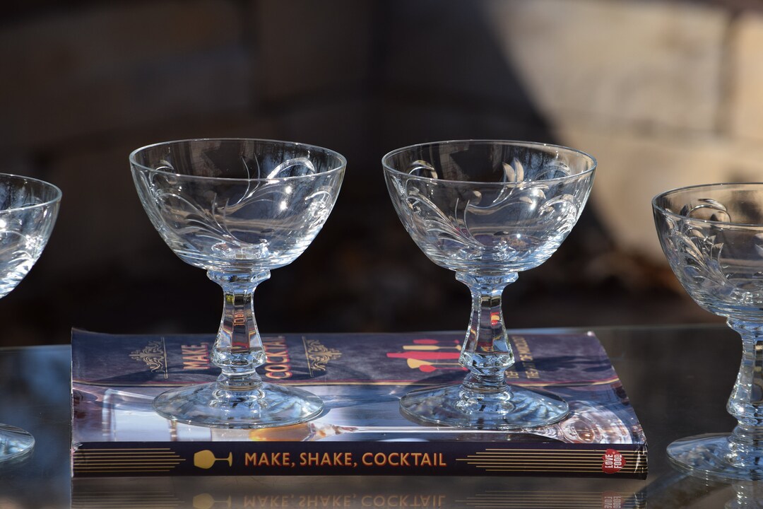4 Vintage Etched Crystal Cocktail Glasses, Seneca, 1950's, Nick & Nora ...