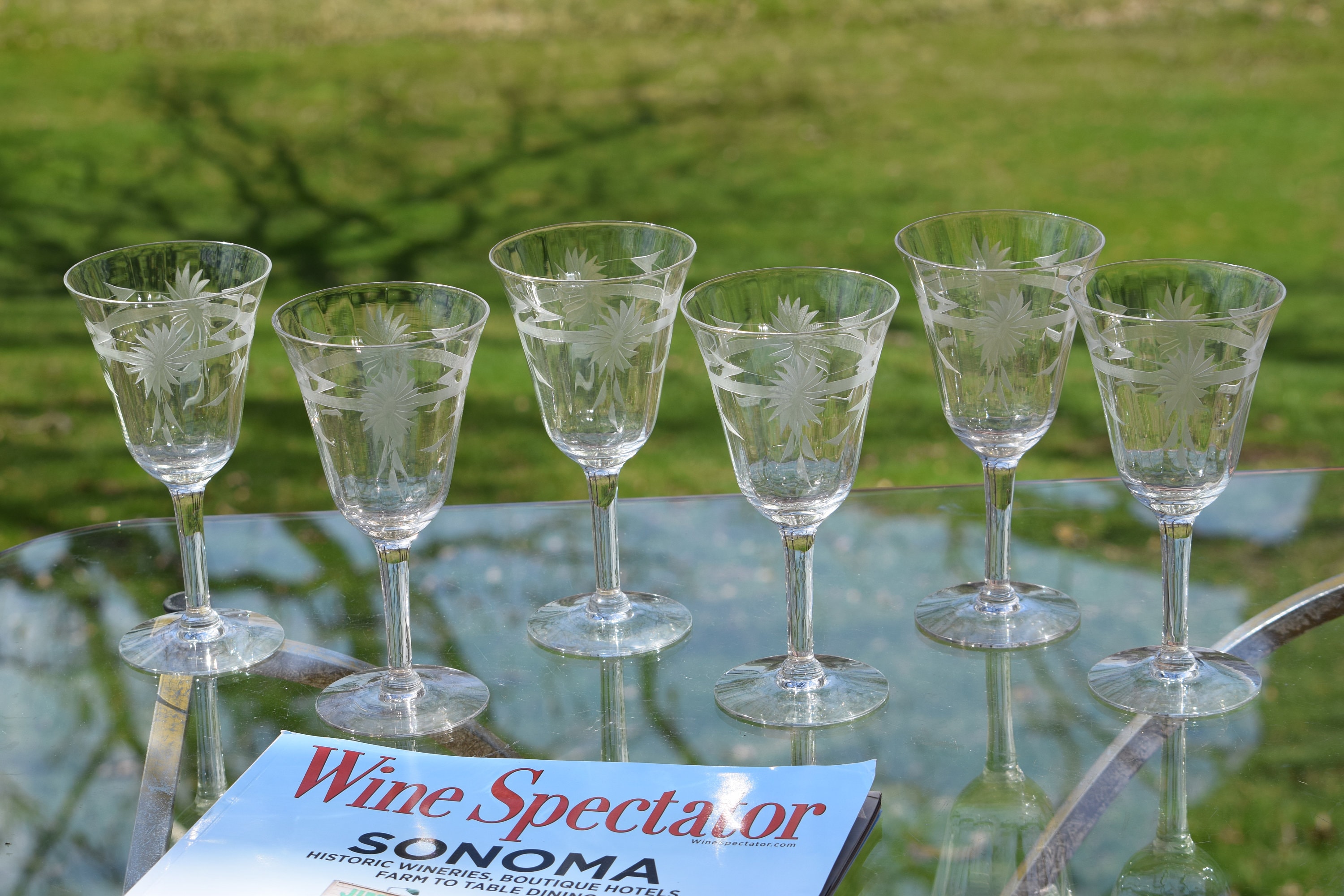 Vintage Etched Tall Wine Glasses Floral Etched Optic Glass Set Of 6