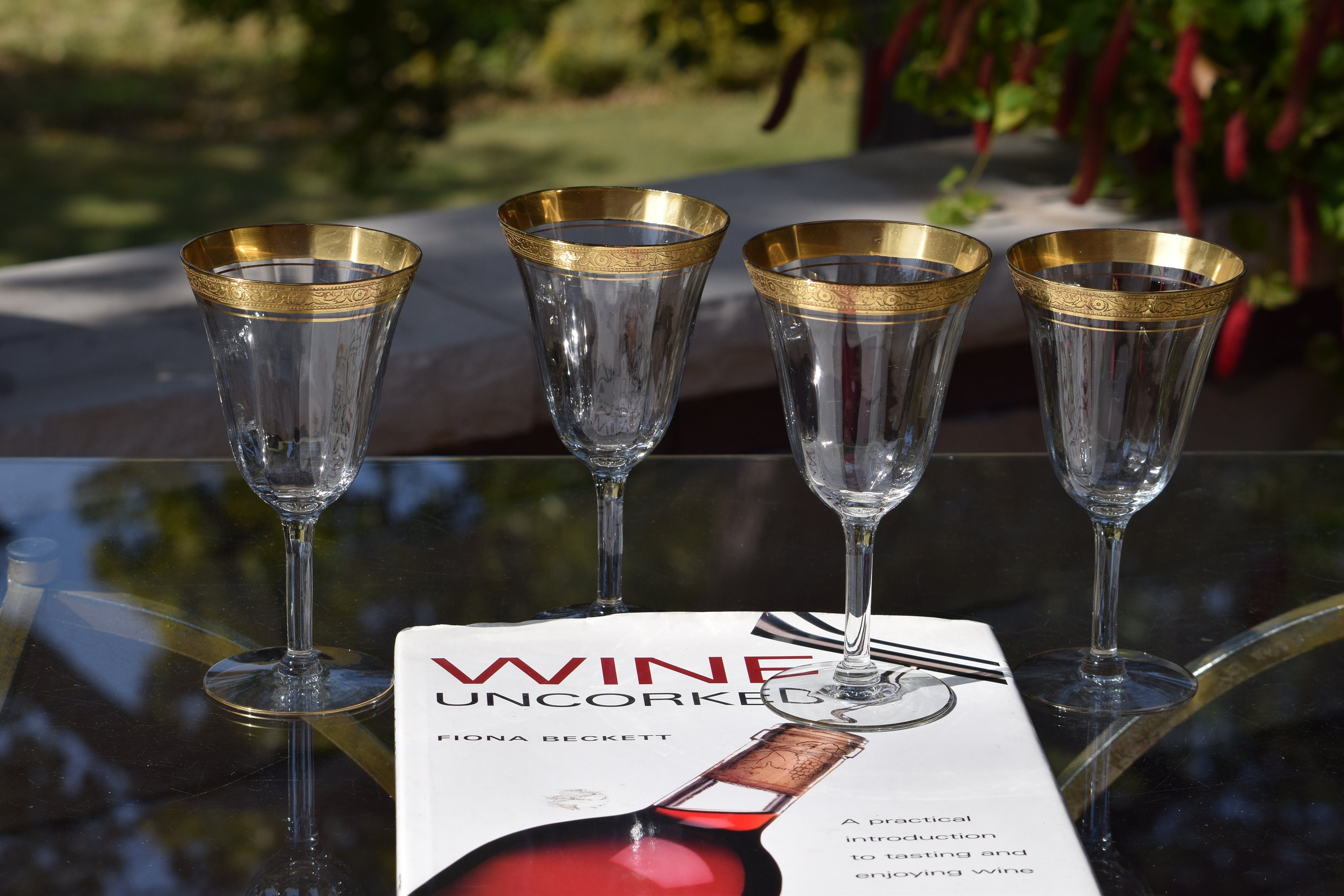 4 Vintage Gold Rimmed Encrusted Wine Glasses, Tiffin Franciscan, c ...