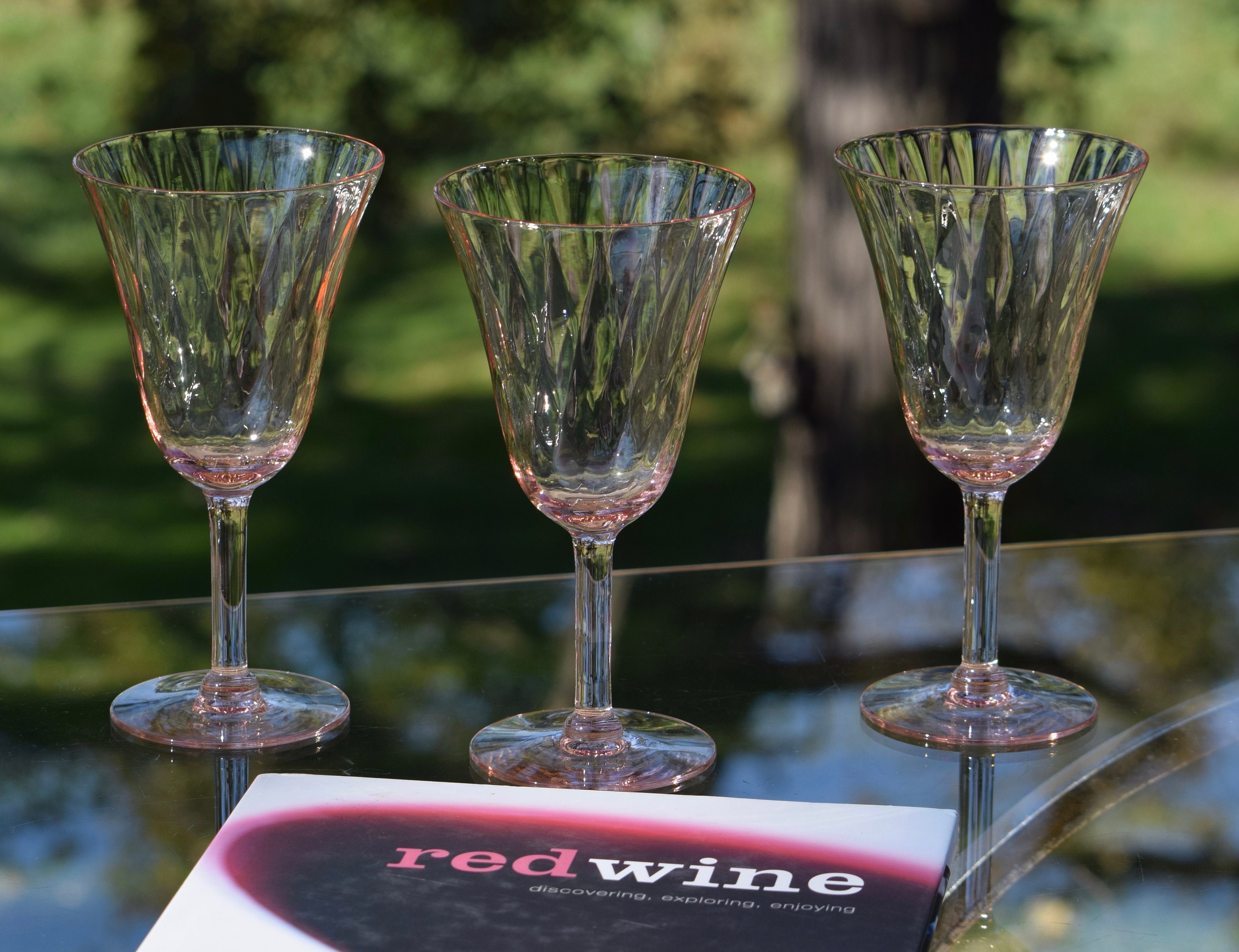 Vintage Pink Diamond Optic Wine Glasses Set Of 3 Circa 1950s Wine Tasting Party Glasses
