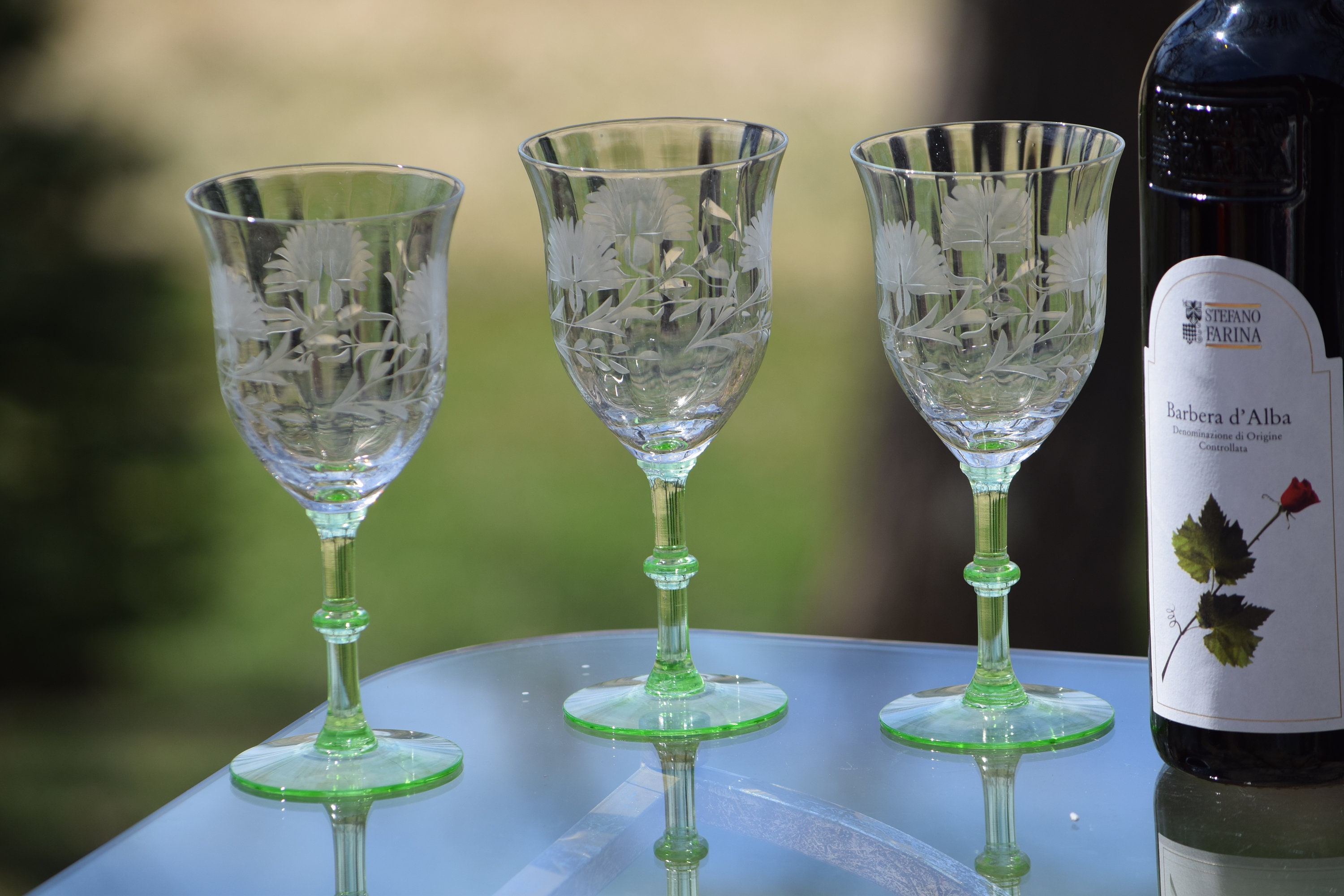 Vintage Green Stem Etched Wine Glasses Set Of 6 Green Vaseline Uranium Glass Wine Glasses