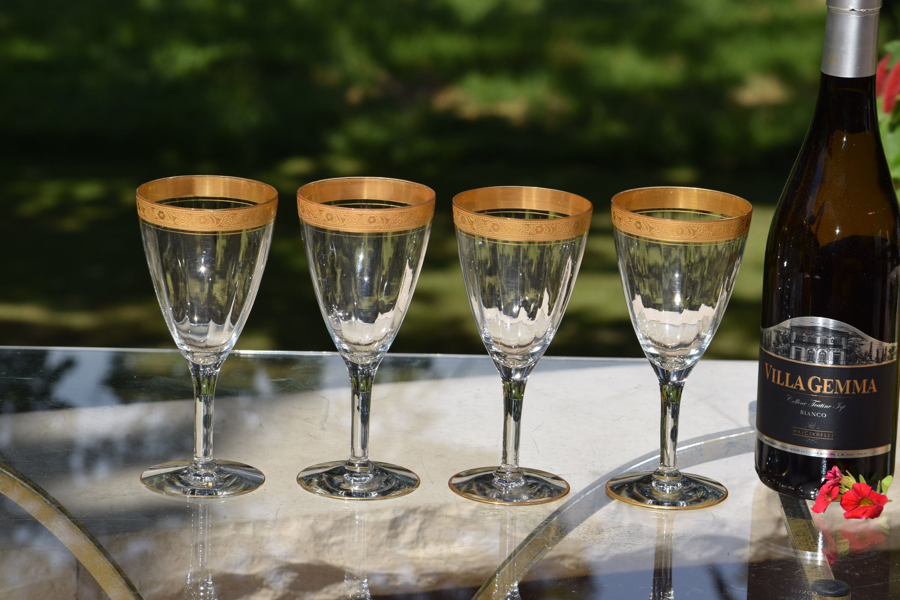 4 Vintage Gold Rimmed Encrusted Wine Glasses, Tiffin Franciscan, c ...
