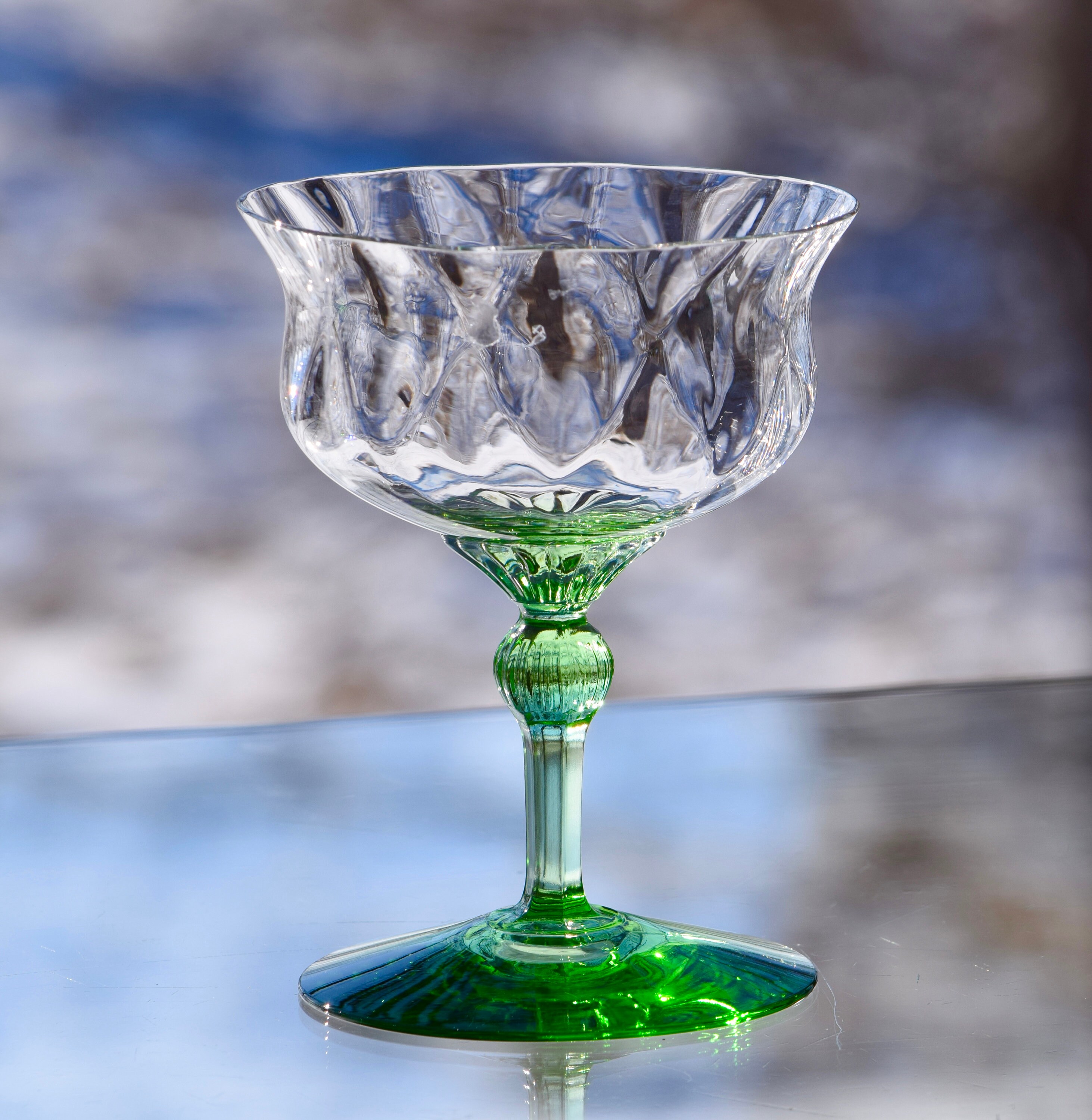 Vintage Cocktail Glasses Set Of 5 Diamond Optic With Green Stem Mixologist Cocktail Glasses