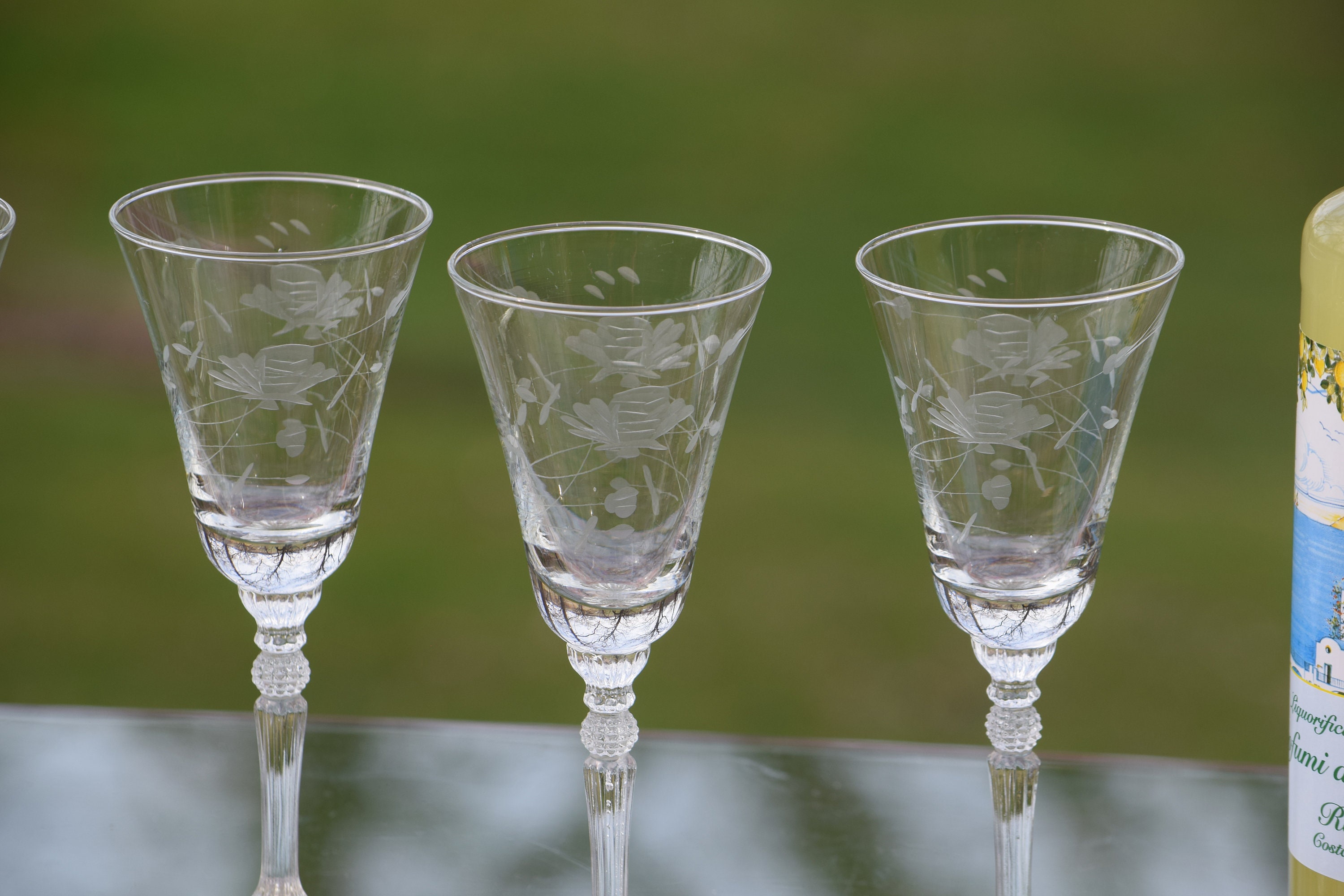Vintage Etched Tall Wine Glasses Floral Etched Optic Glass Set Of 4