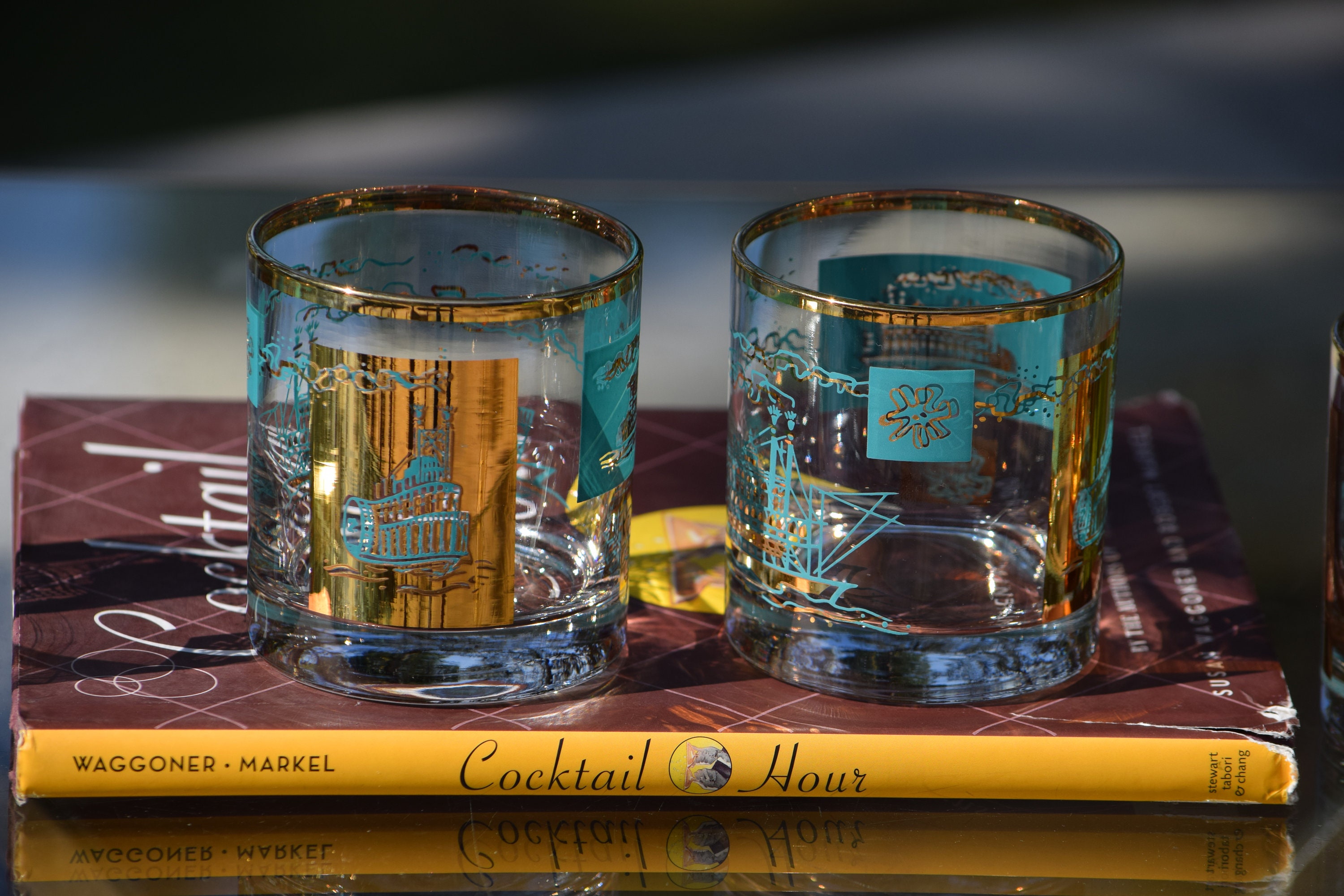 4 Vintage Rocks - Lowball Glasses, Mid Century Gold & Turquoise Whiskey ...