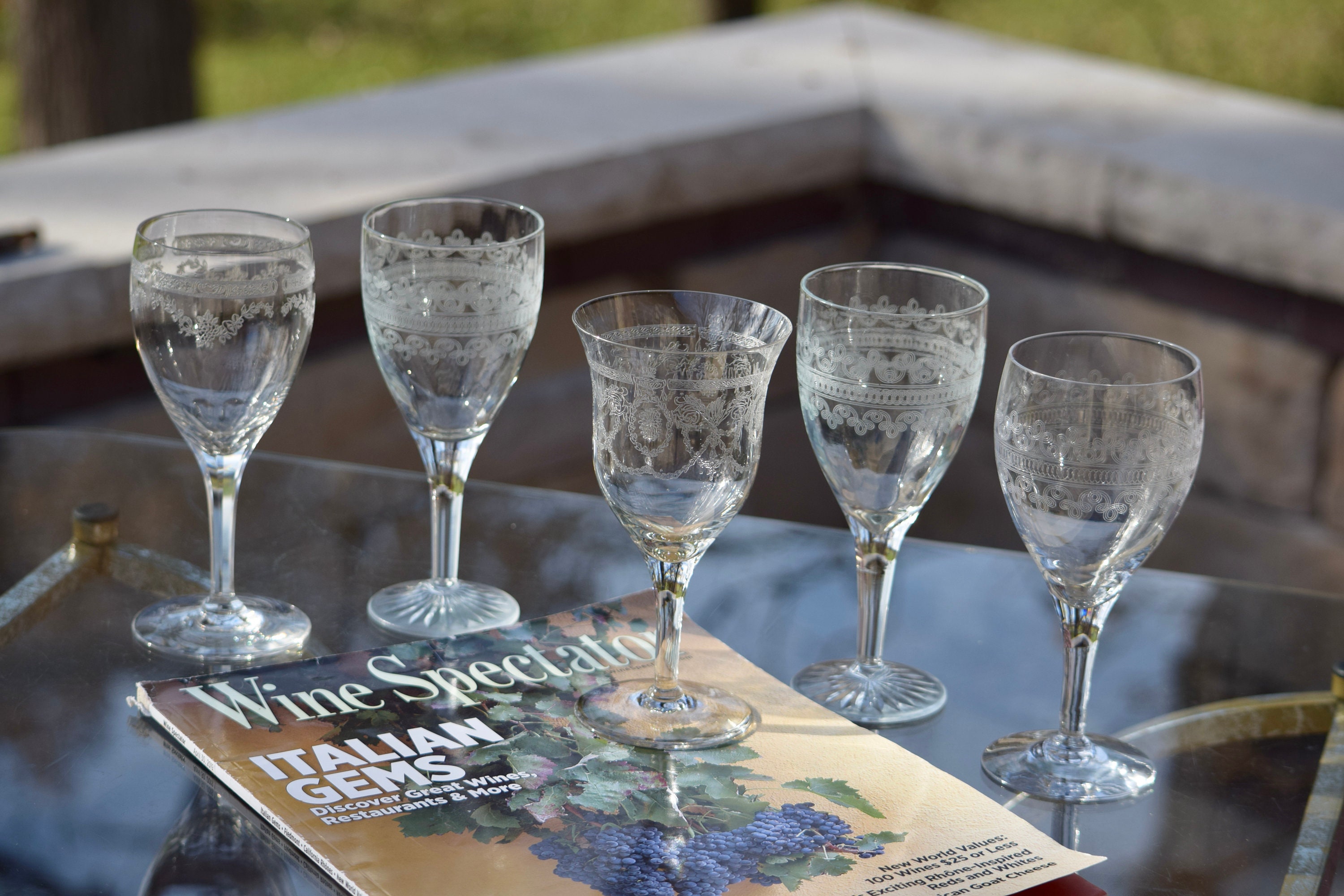 5 Antique Etched Wine Glasses Set Of 5 Mis Matched Needle Etched Wine Glasses C 1920 Wine