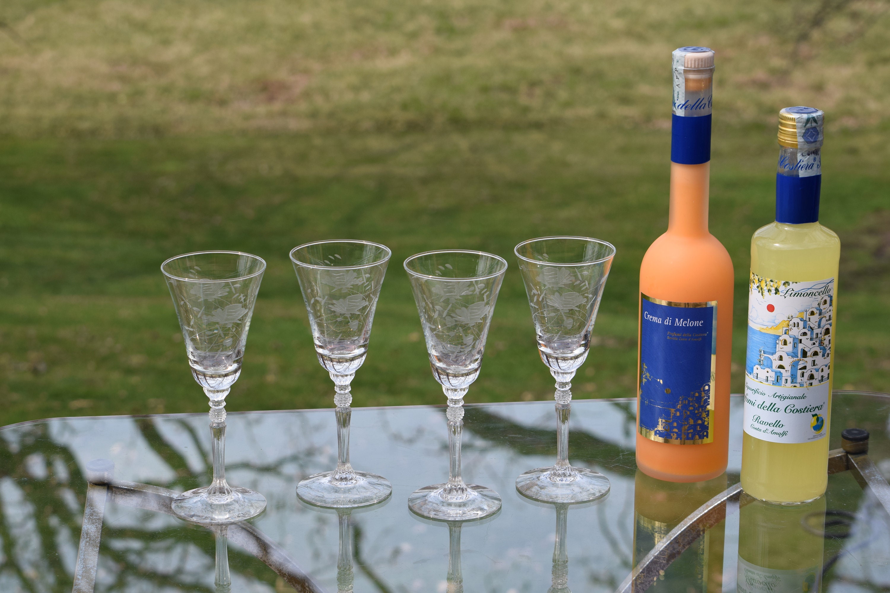 Vintage Etched Tall Wine Glasses Floral Etched Optic Glass Set Of 4