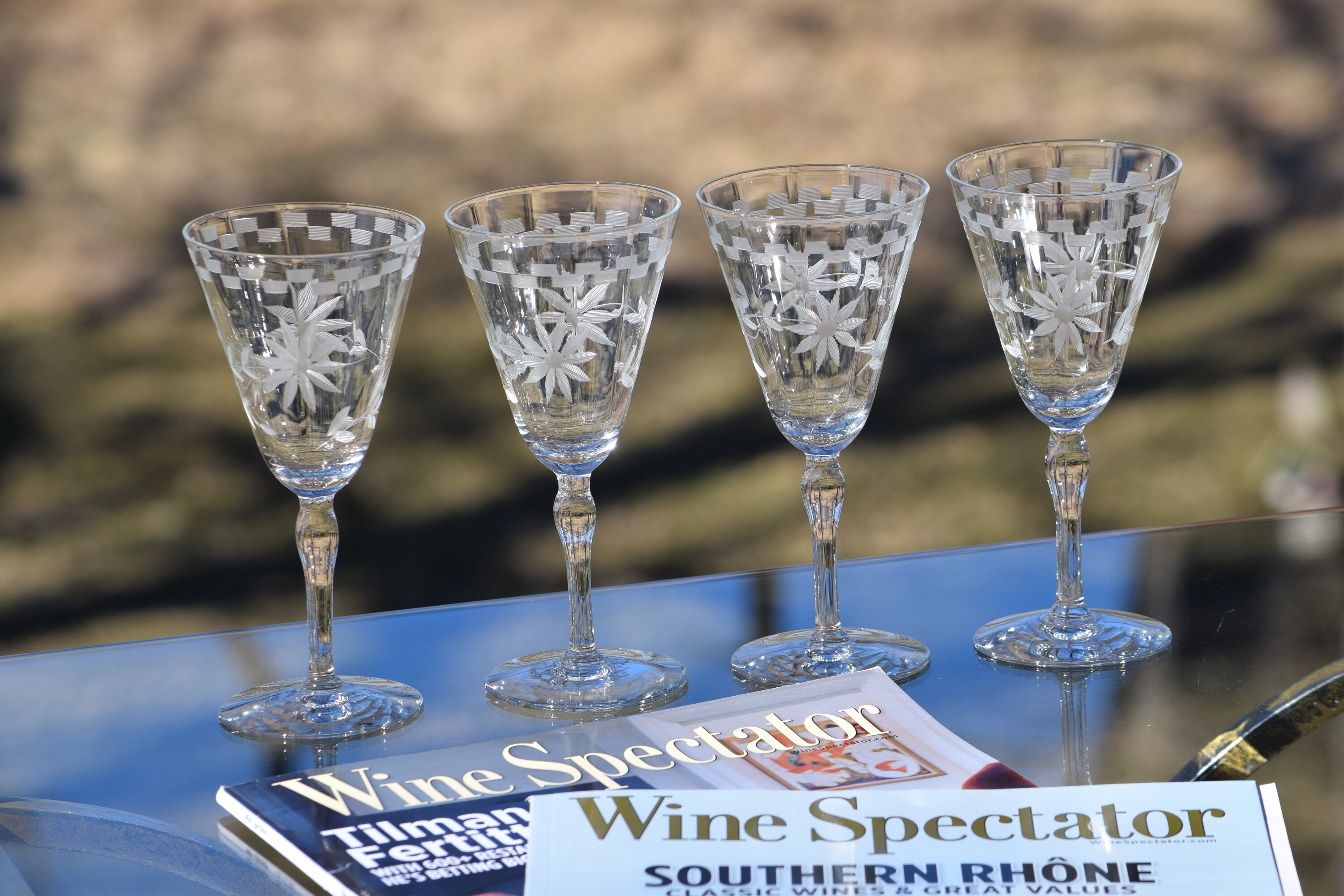 Vintage Etched Tall Wine Glasses Floral Etched Optic Glass Set Of 4