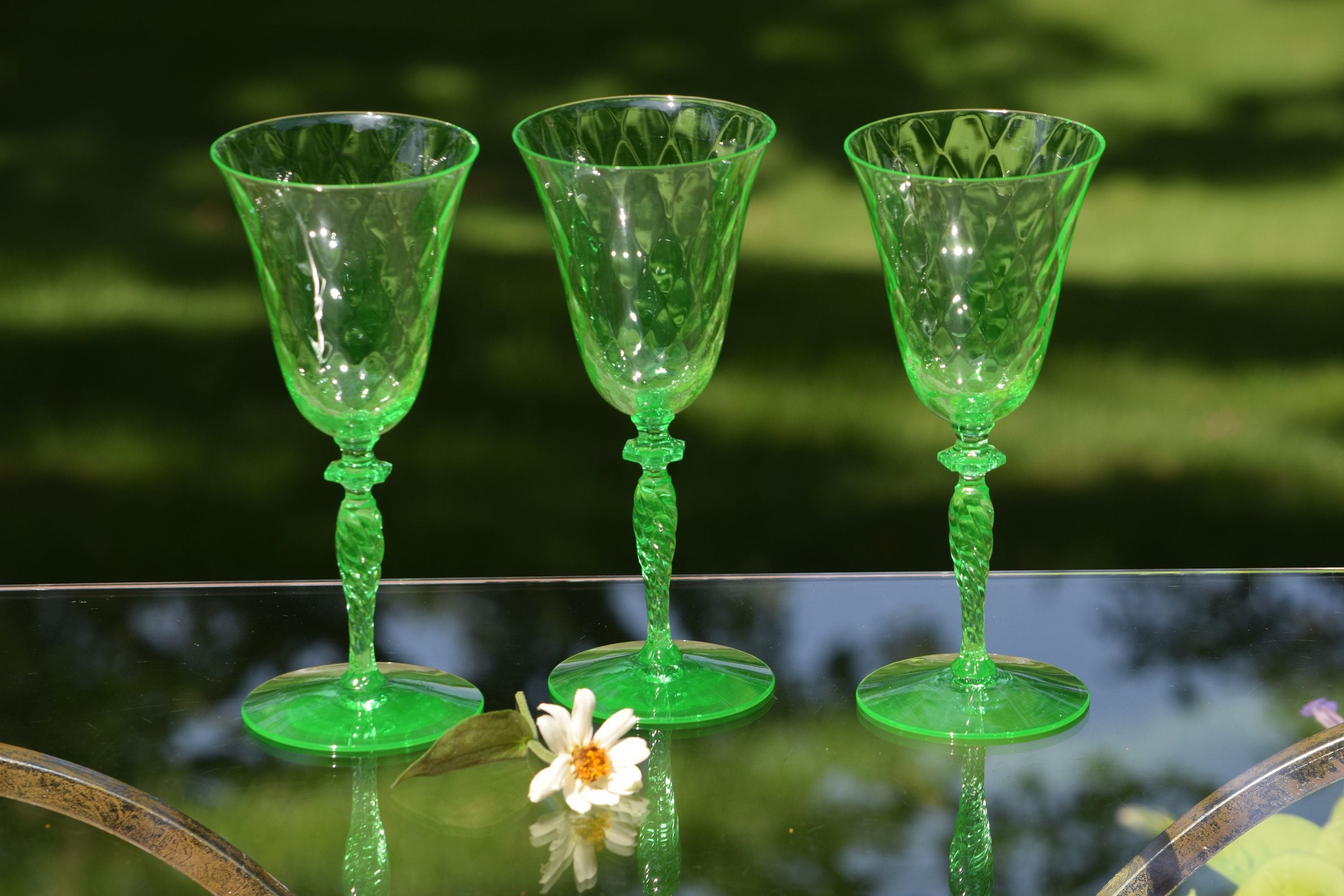 Vintage Green Diamond Optic Wine Glasses Set Of 3 Green Vaseline Wine Glasses Green