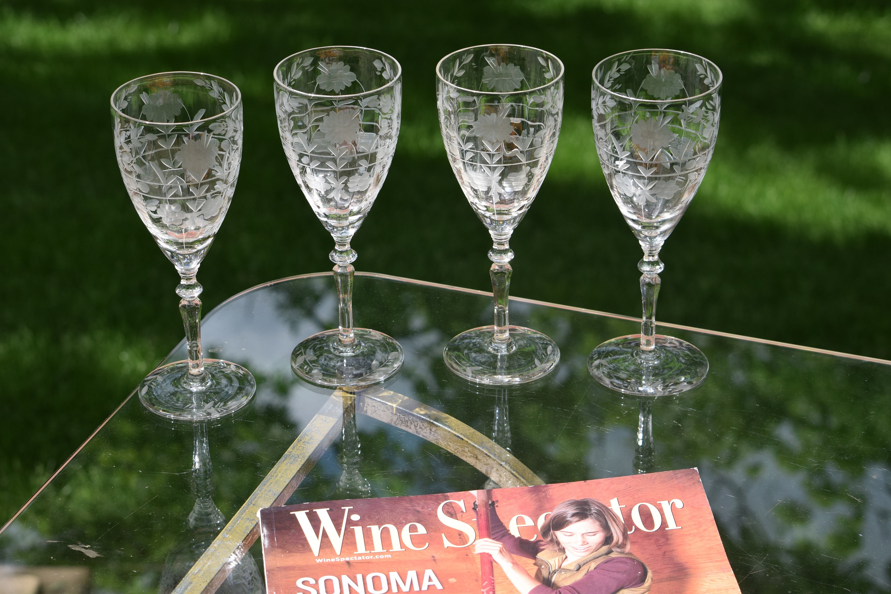 Vintage Etched Optic Wine Glasses Set Of 4 Floral Etched Wine Glasses