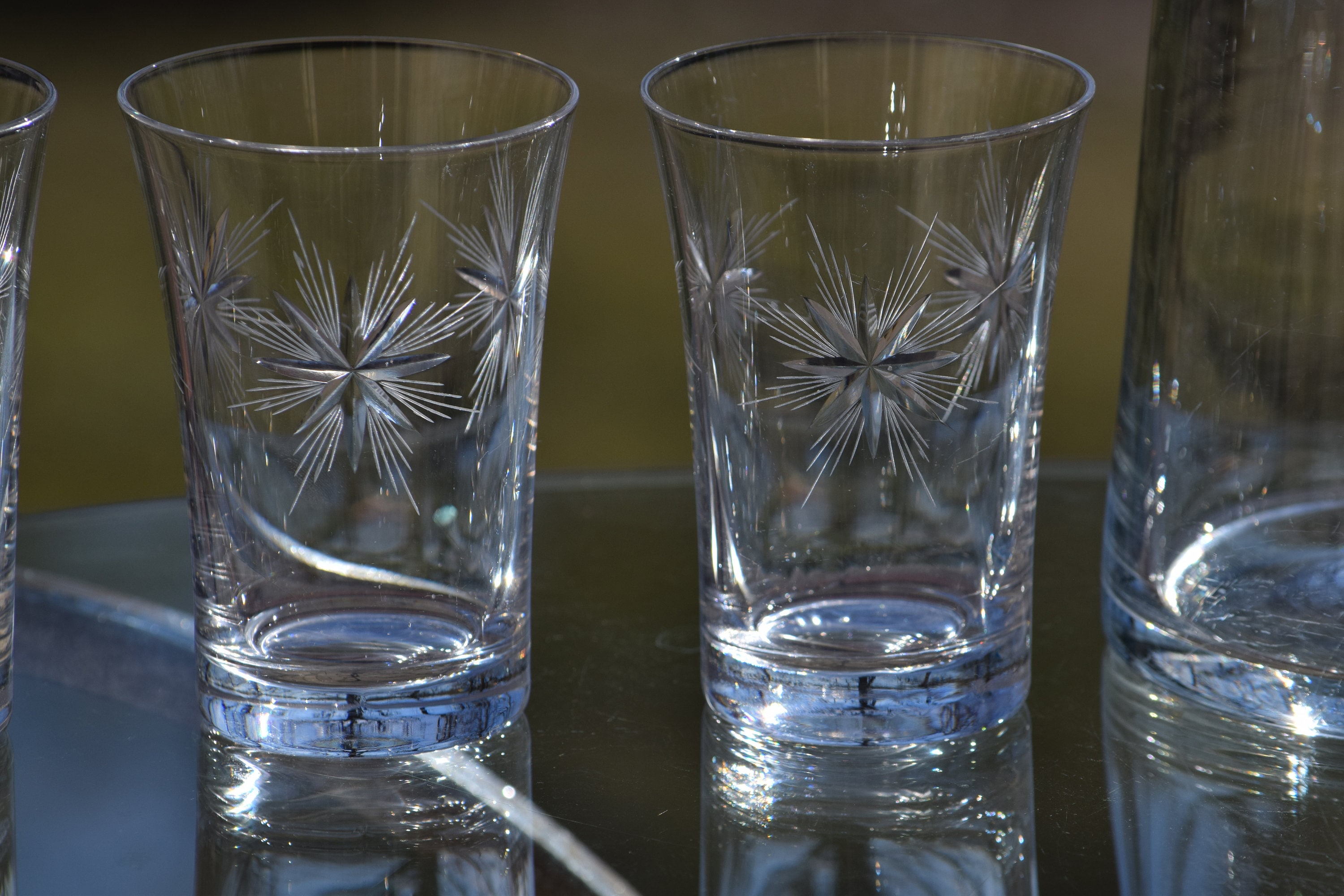 Vintage Etched Starburst Glasses with Pitcher, Polished Pontil Pitcher ...