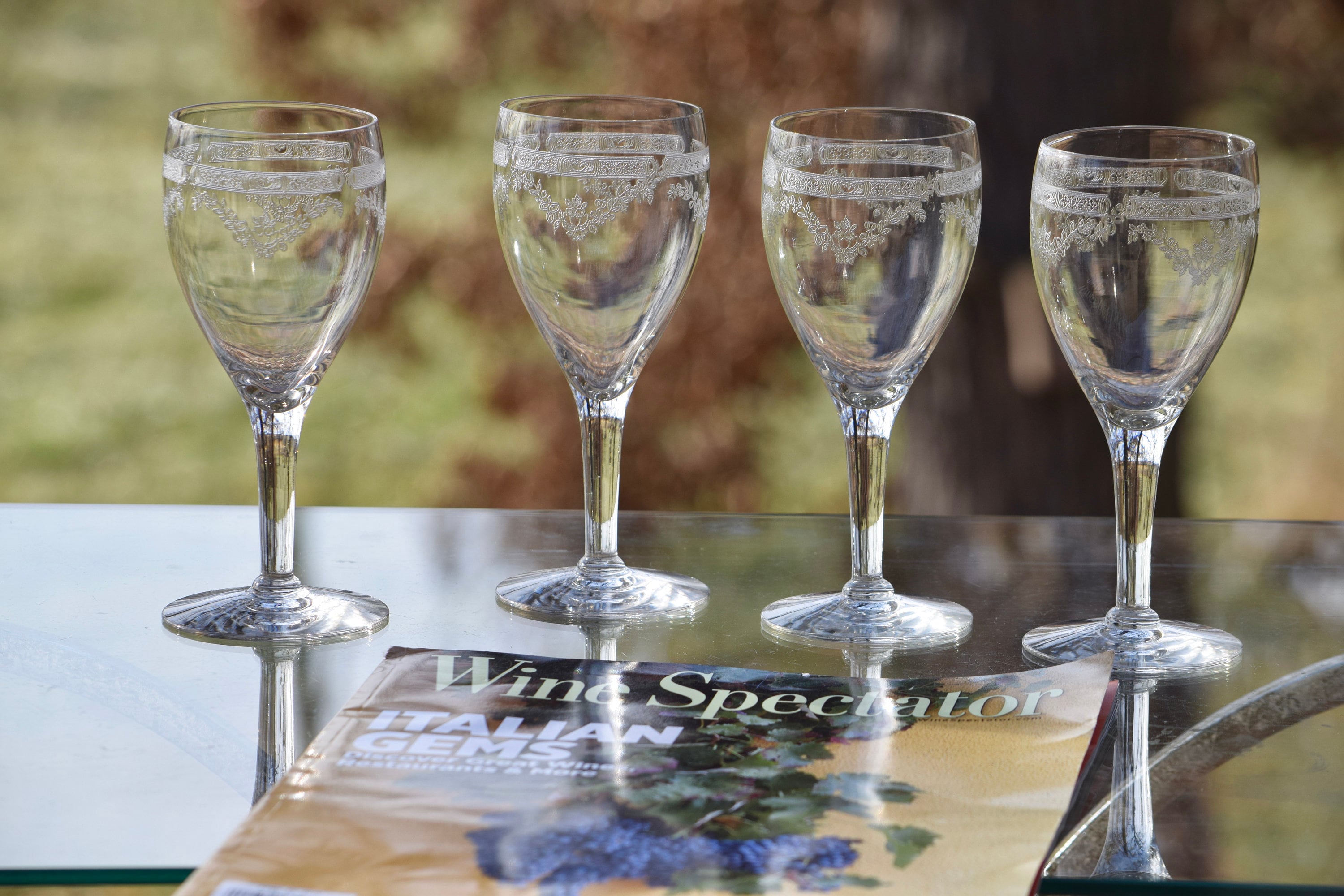 Vintage Needle Etched Wine Glasses Set Of 4 Circa 1940s Antique Wine Glasses Elegant Wine