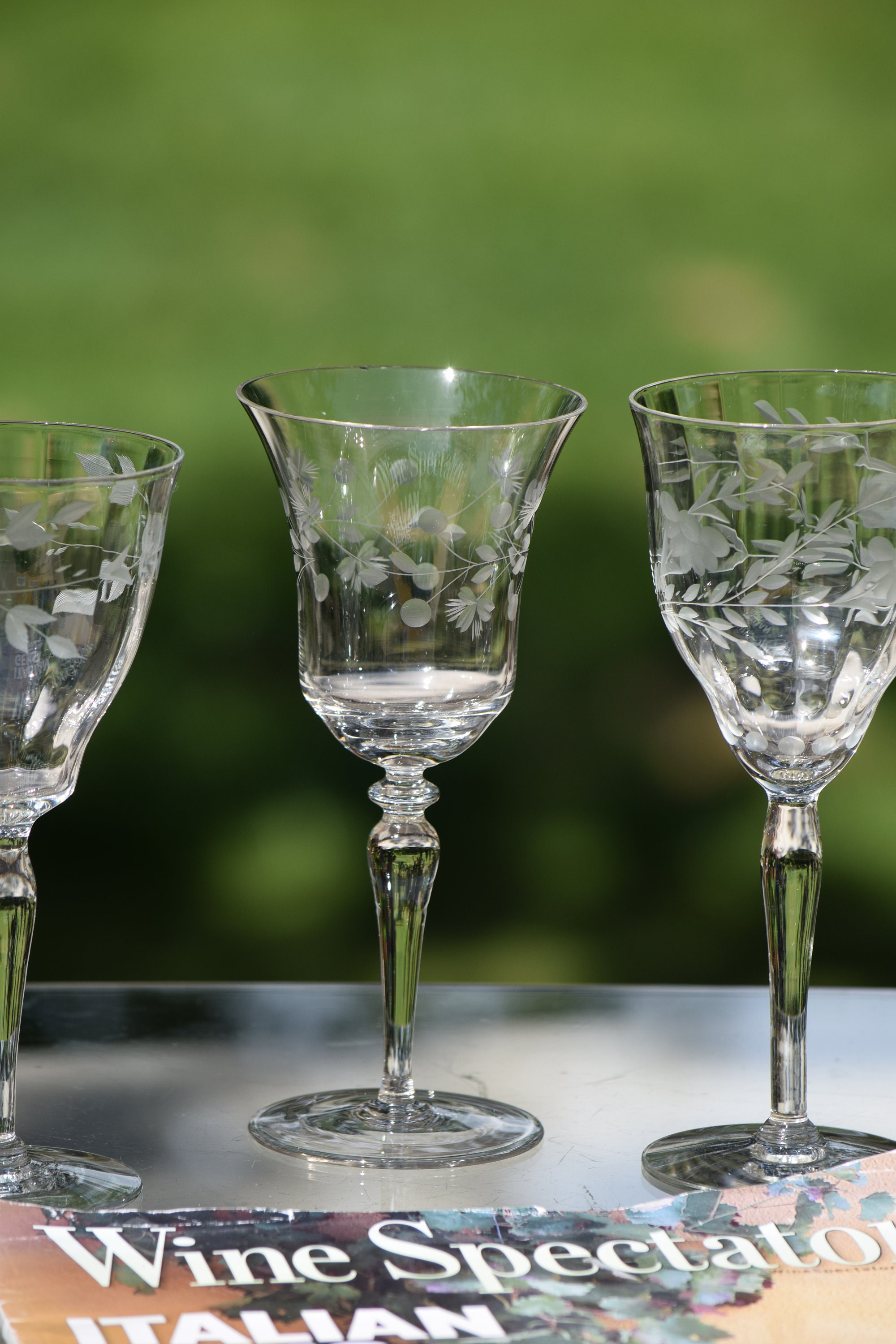 4 Vintage Etched Wine Glasses Set Of 4 Mis Matched Etched Wine Glasses