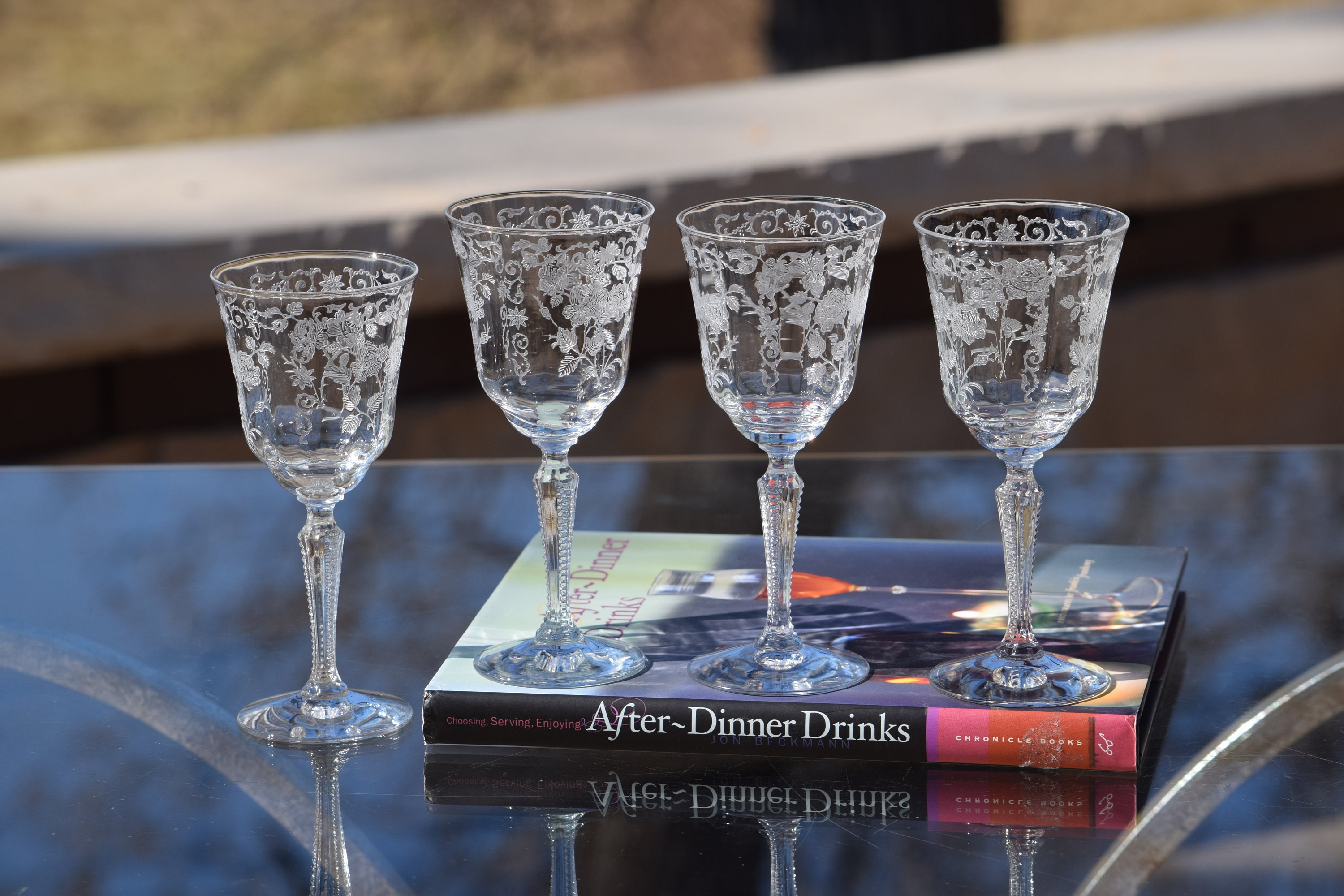 4 Vintage Etched CRYSTAL Port Wine Glasses, Fostoria, Midnight Rose ...