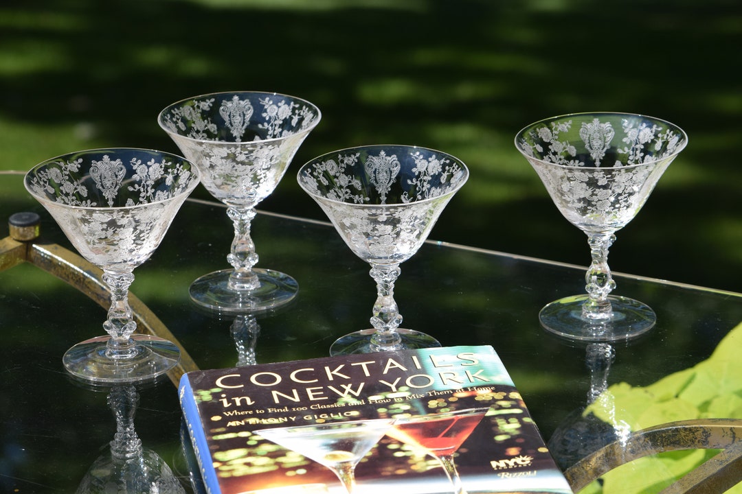 CLASSY COCKTAILS 4 Vintage Etched Cocktail Martini Glasses, Cambridge ...