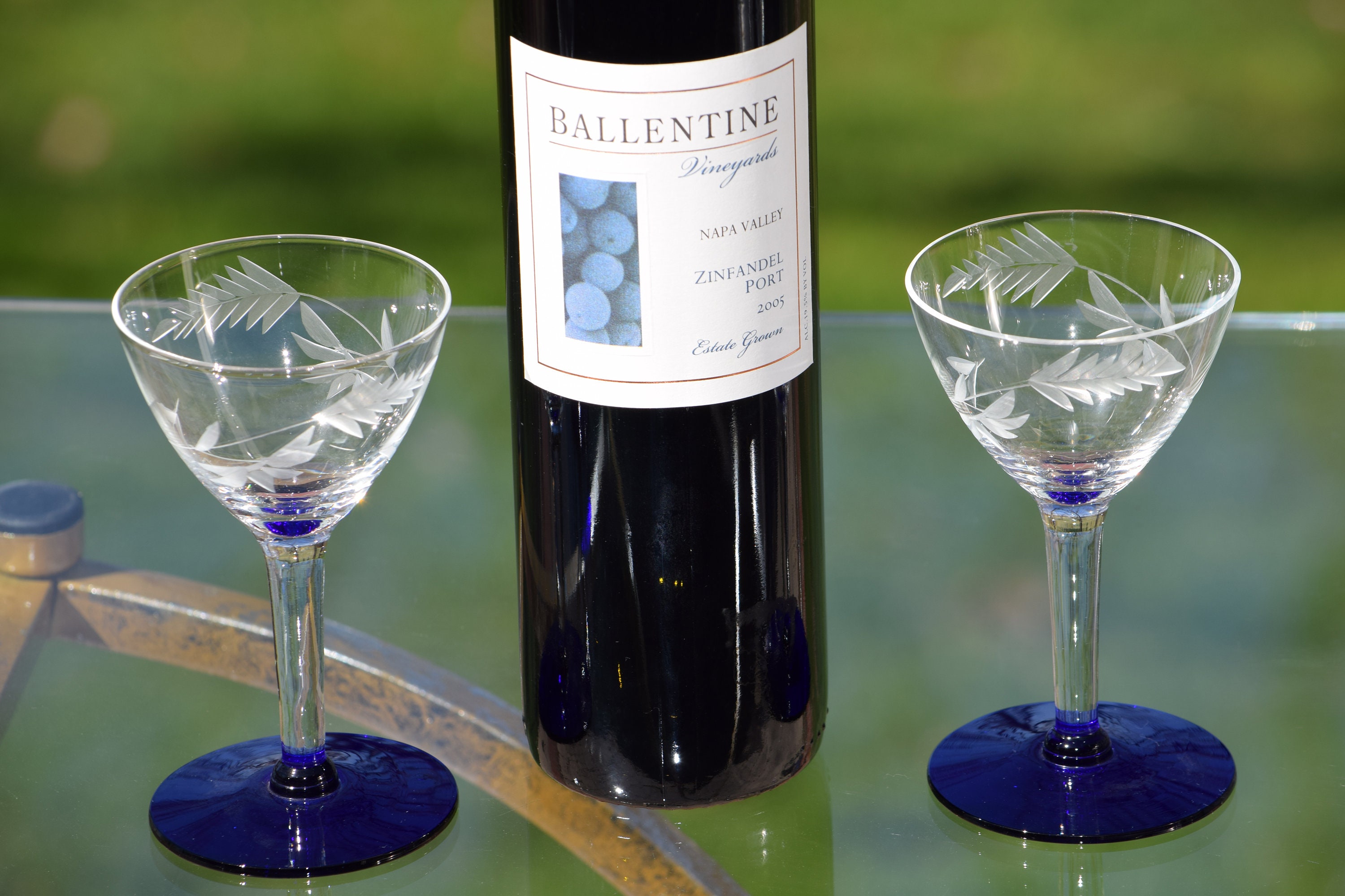 Vintage Etched Wine Cordials with Cobalt Blue Foot Wine Cordials, Set ...