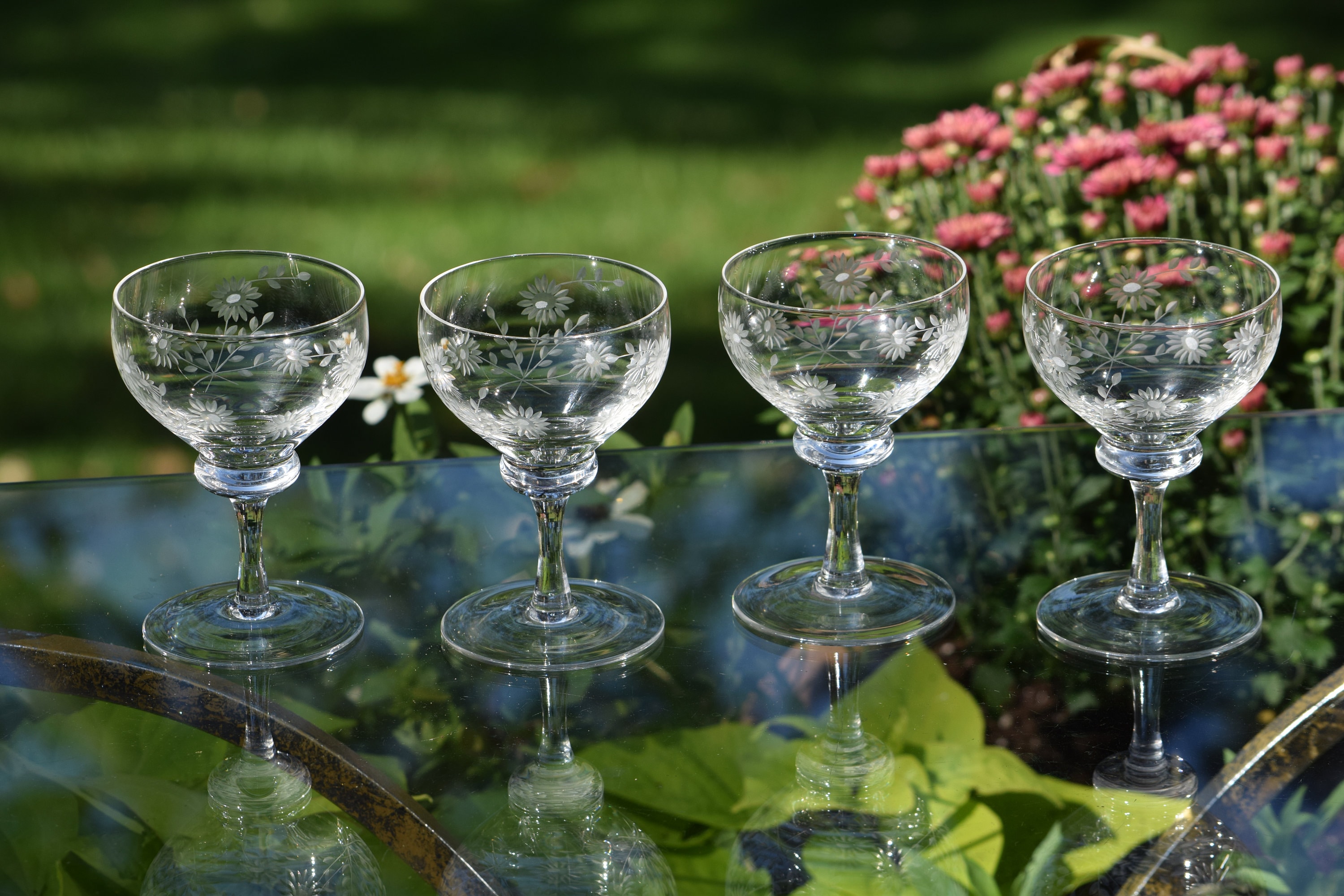 Vintage Floral Etched Wine Glasses Set Of 4 Antique Wine Glasses