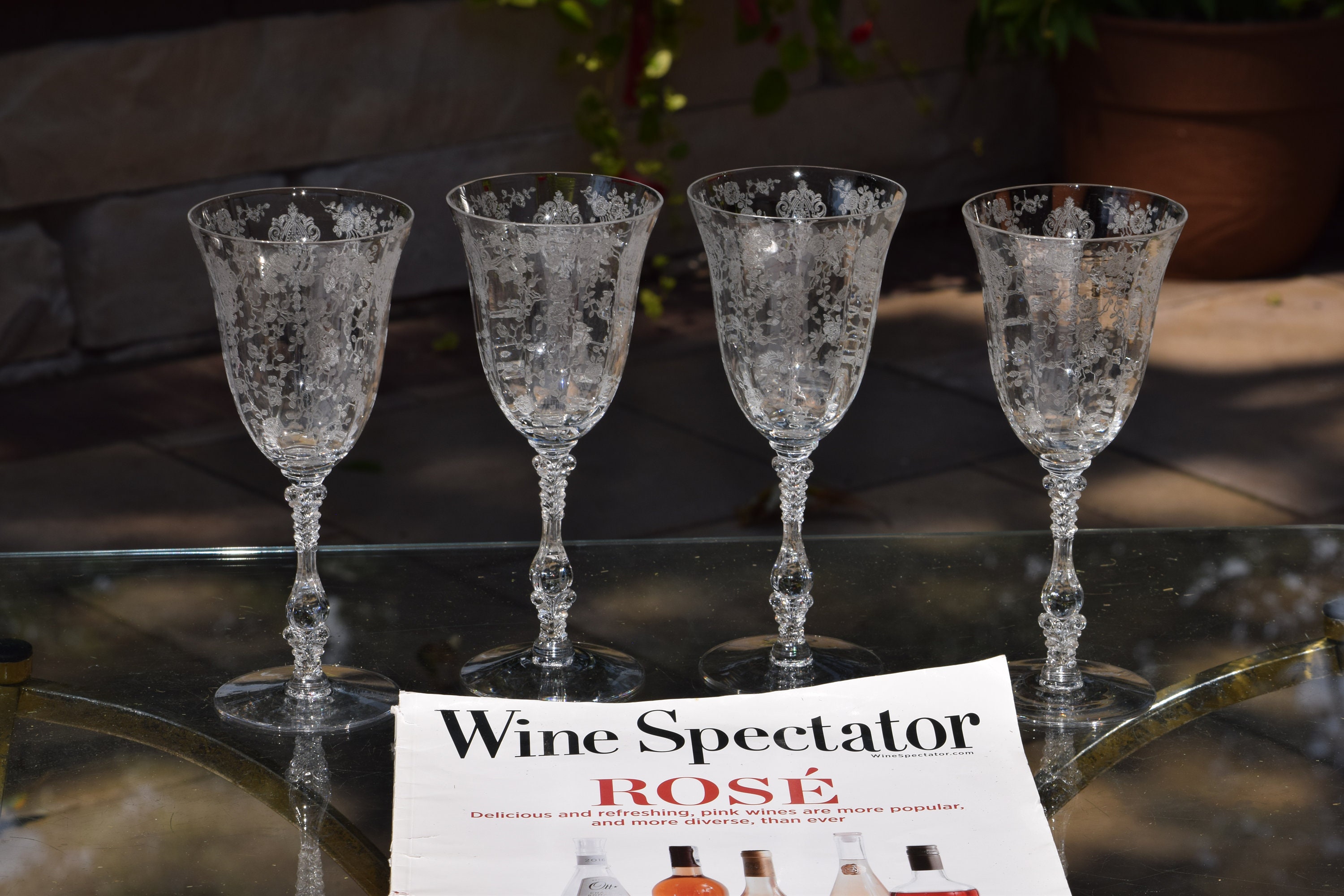 4 Vintage Etched Crystal Wine Glasses Water Goblets Cambridge Rose Point Circa 1934
