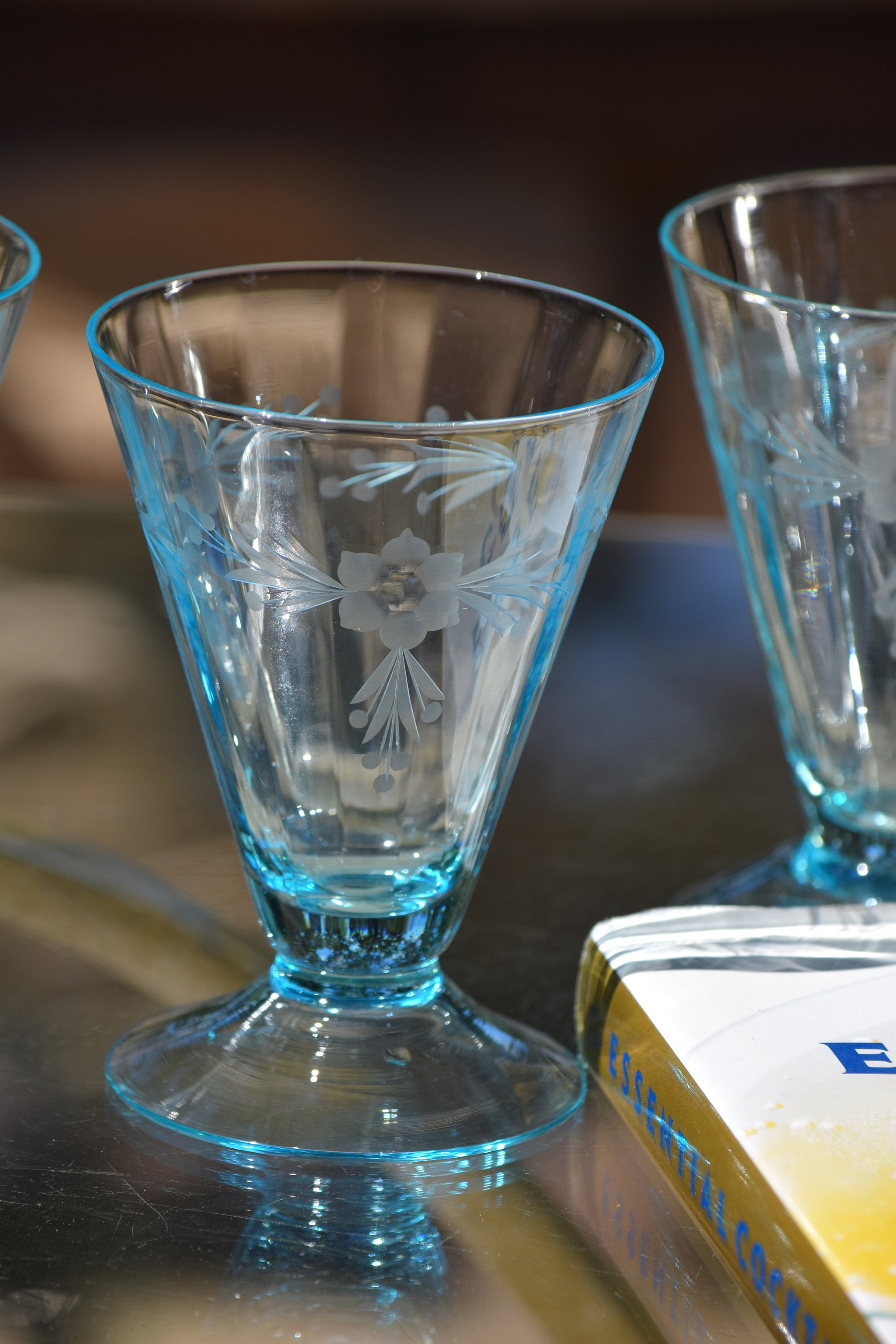 6 Vintage Etched Optic Crystal Turquoise Wine - Cocktail Glasses, 1950 ...