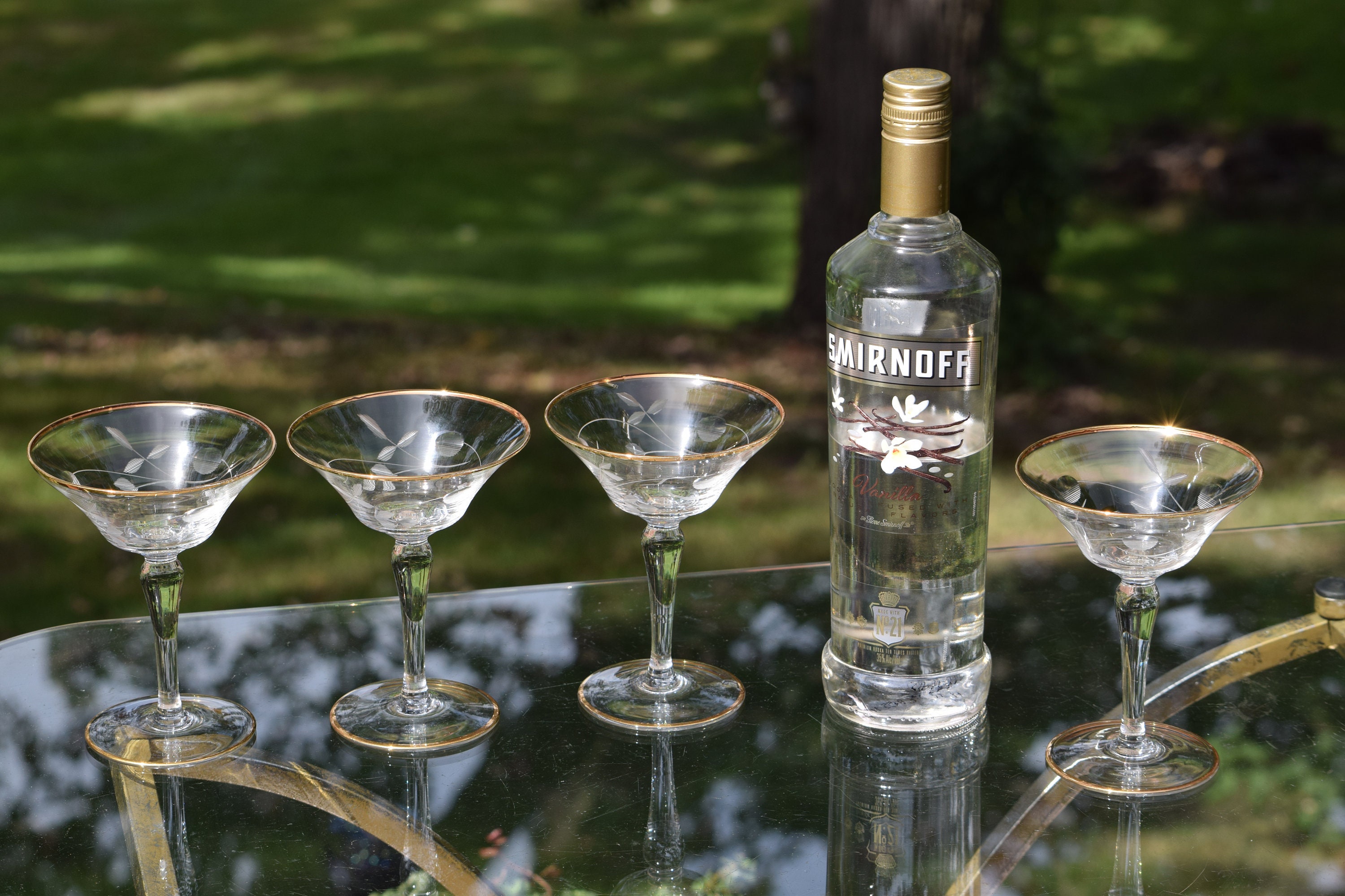 Vintage Etched Gold Rim Cocktail Glasses, Set of 7, Gold Rimmed Martini ...