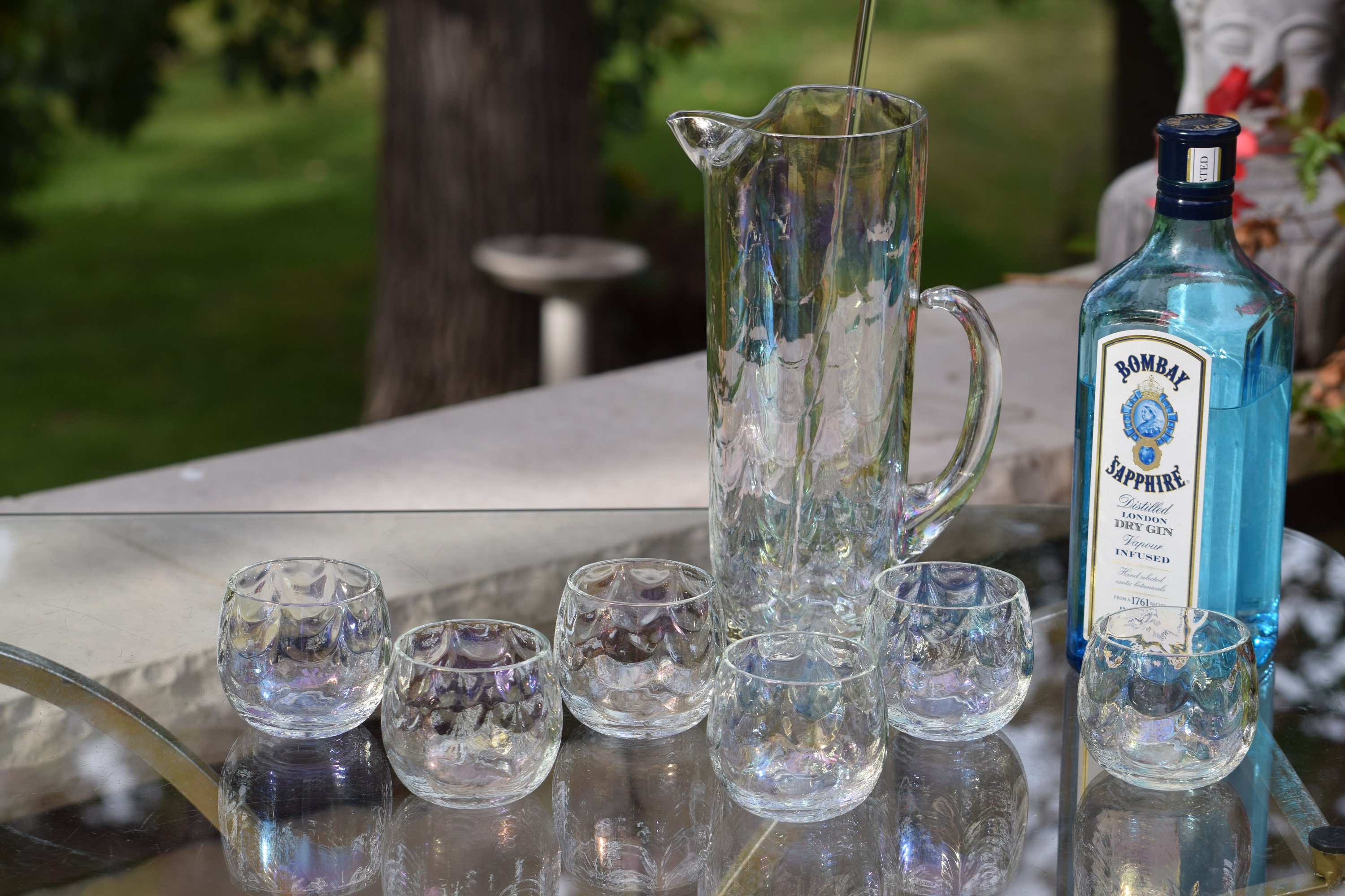 Vintage Draping Rainbow Iridescent Cocktail Pitcher Set with 6 Roly ...