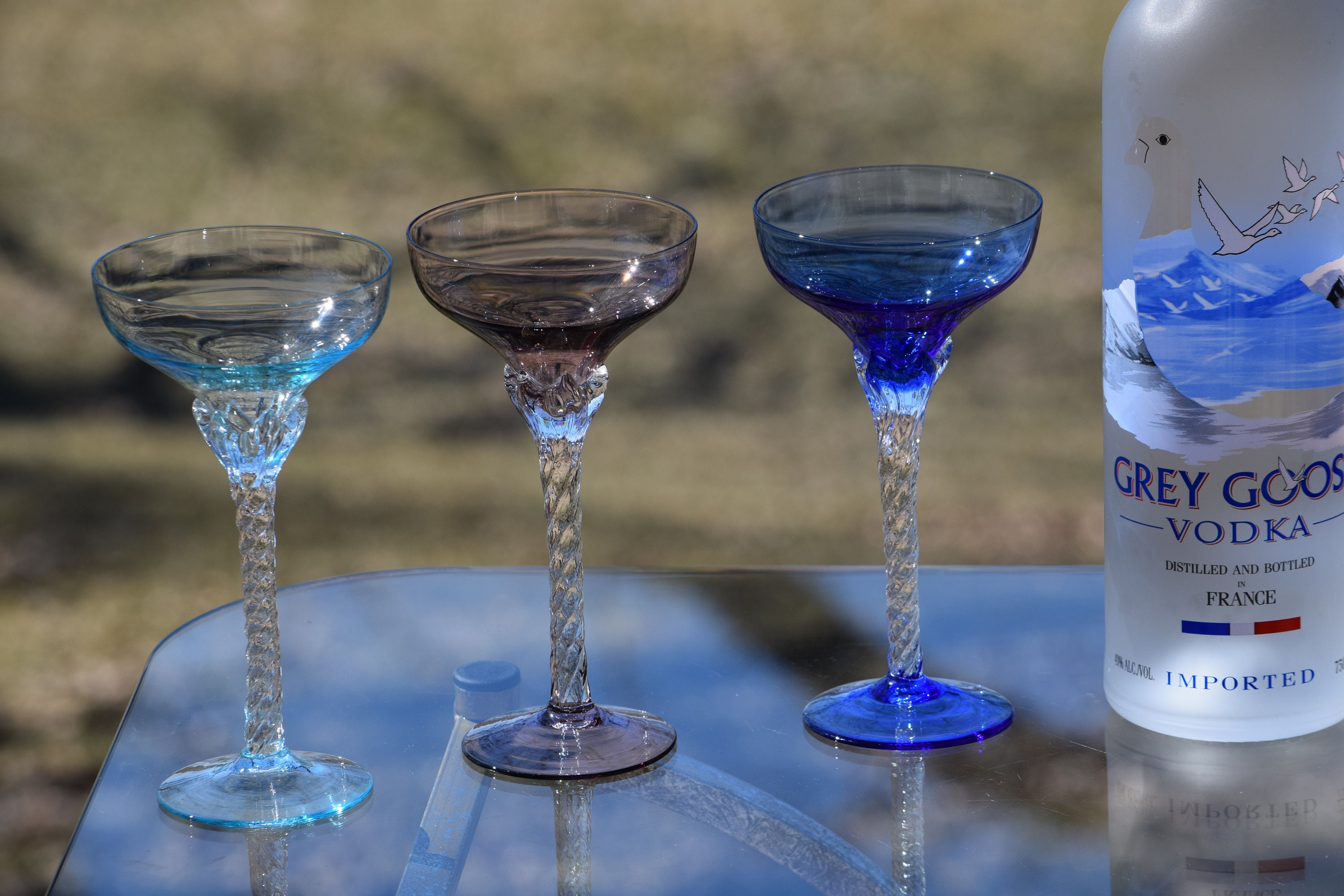 Vintage Multi Colored Clear Twisted Stem Cocktail Glasses Set Of 6