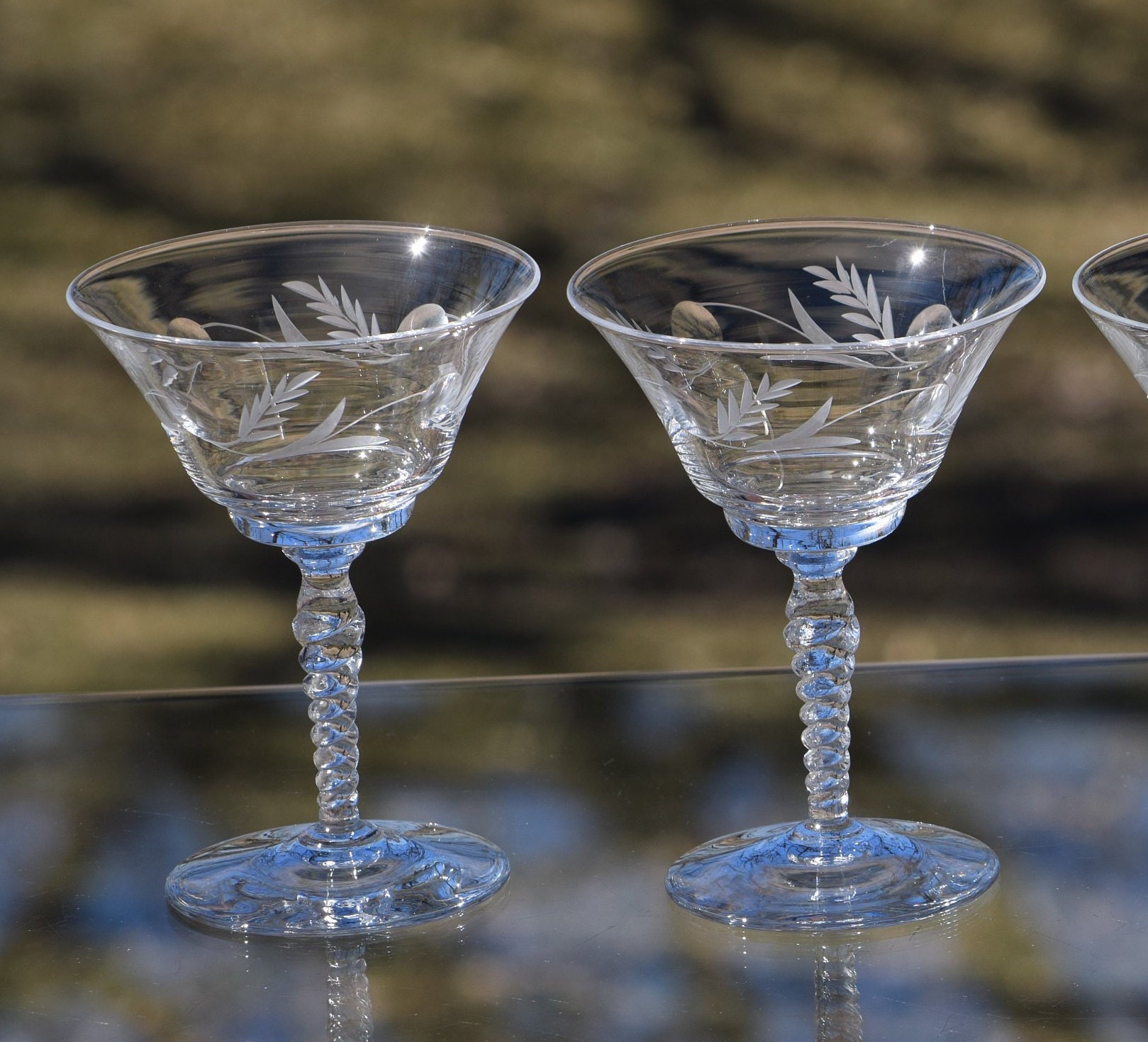 Vintage Etched Cocktail Martini glasses, Set of 4, Unique Twisted Stem ... Vintage Etched Cocktail Martini glasses, Set of 4, Unique Twisted Stem ...