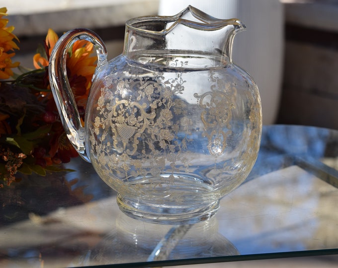 Vintage Gold Encrusted Etched Cocktail Pitcher, Glastonbury Lotus, 1940 ...