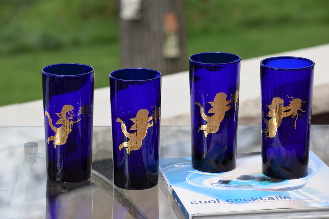 4 Vintage CULVER Angels Celestial 22kt Gold Highball Glasses, Cobalt ...
