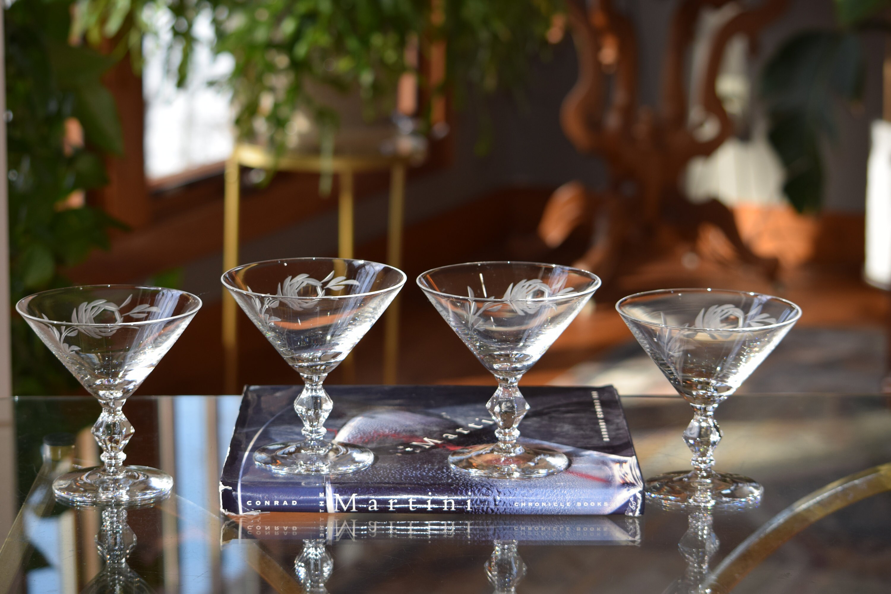 4 Vintage Etched Cocktail ~ Martini glasses, 1960's Etched Rose ...