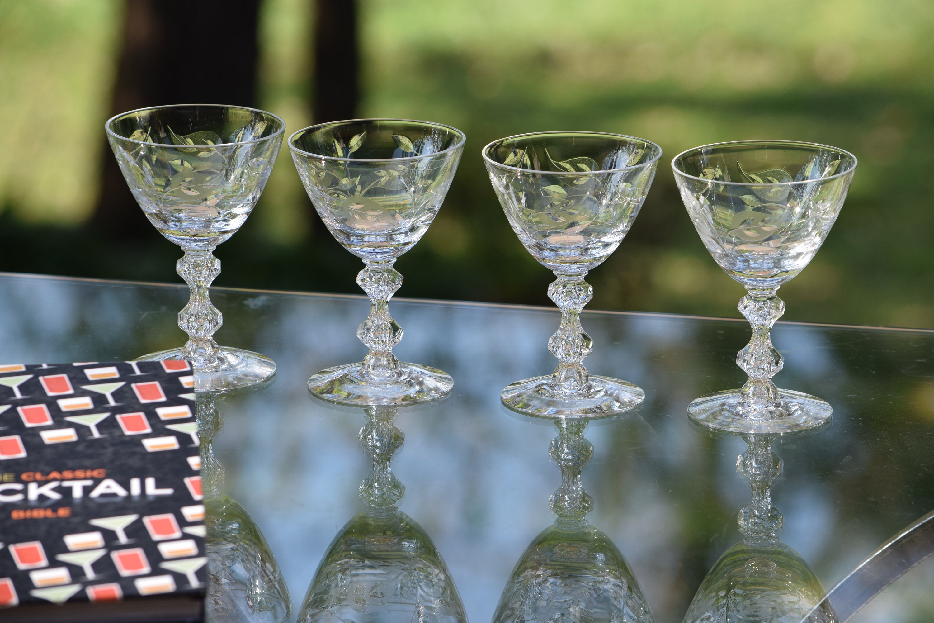 Vintage Etched CRYSTAL Wine Cordials - Glasses, Set of 4, Bubble Stem ...