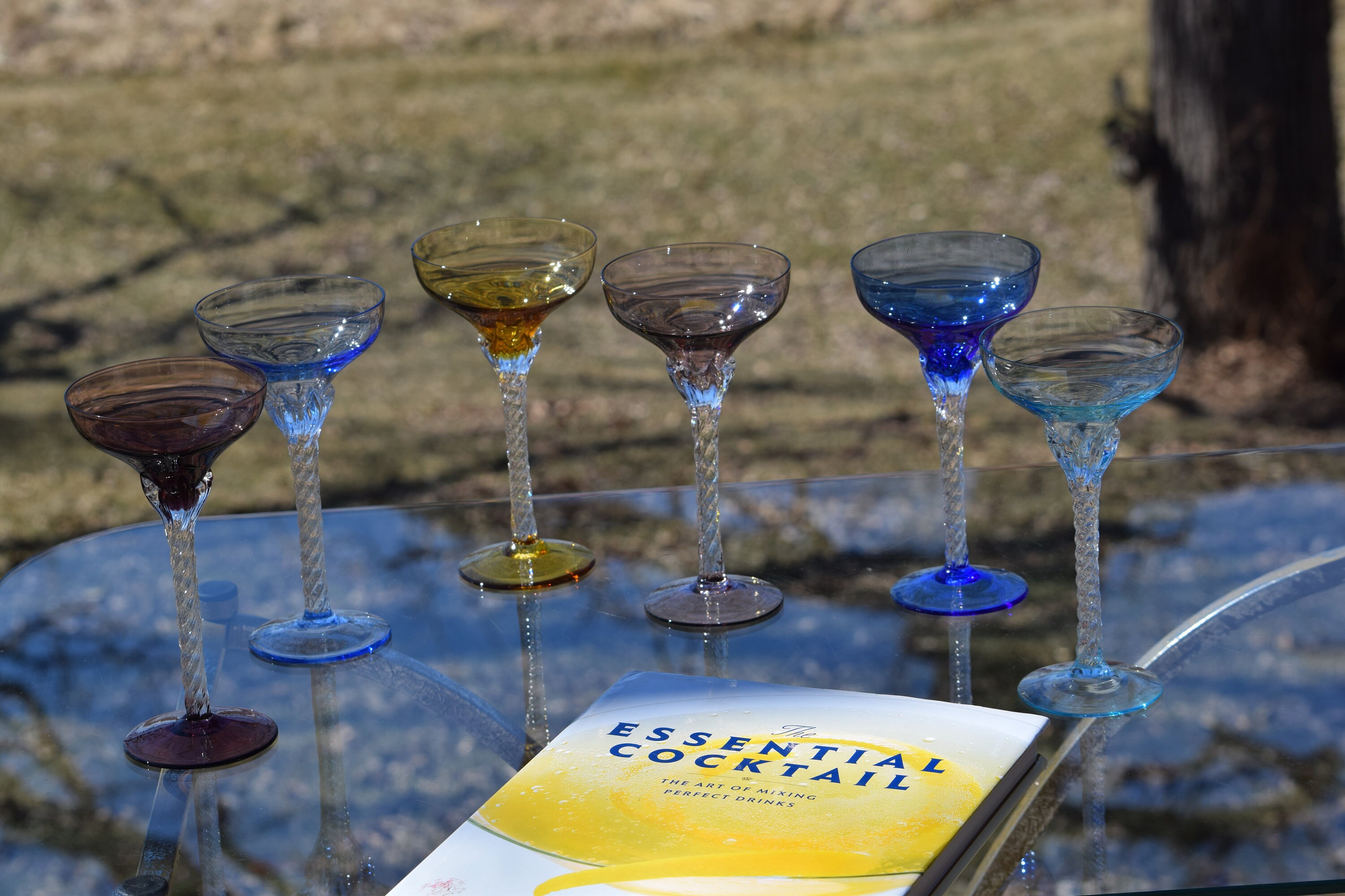 Vintage Multi Colored Clear Twisted Stem Cocktail Glasses Set Of 6 Mixologist Cocktail Glasses